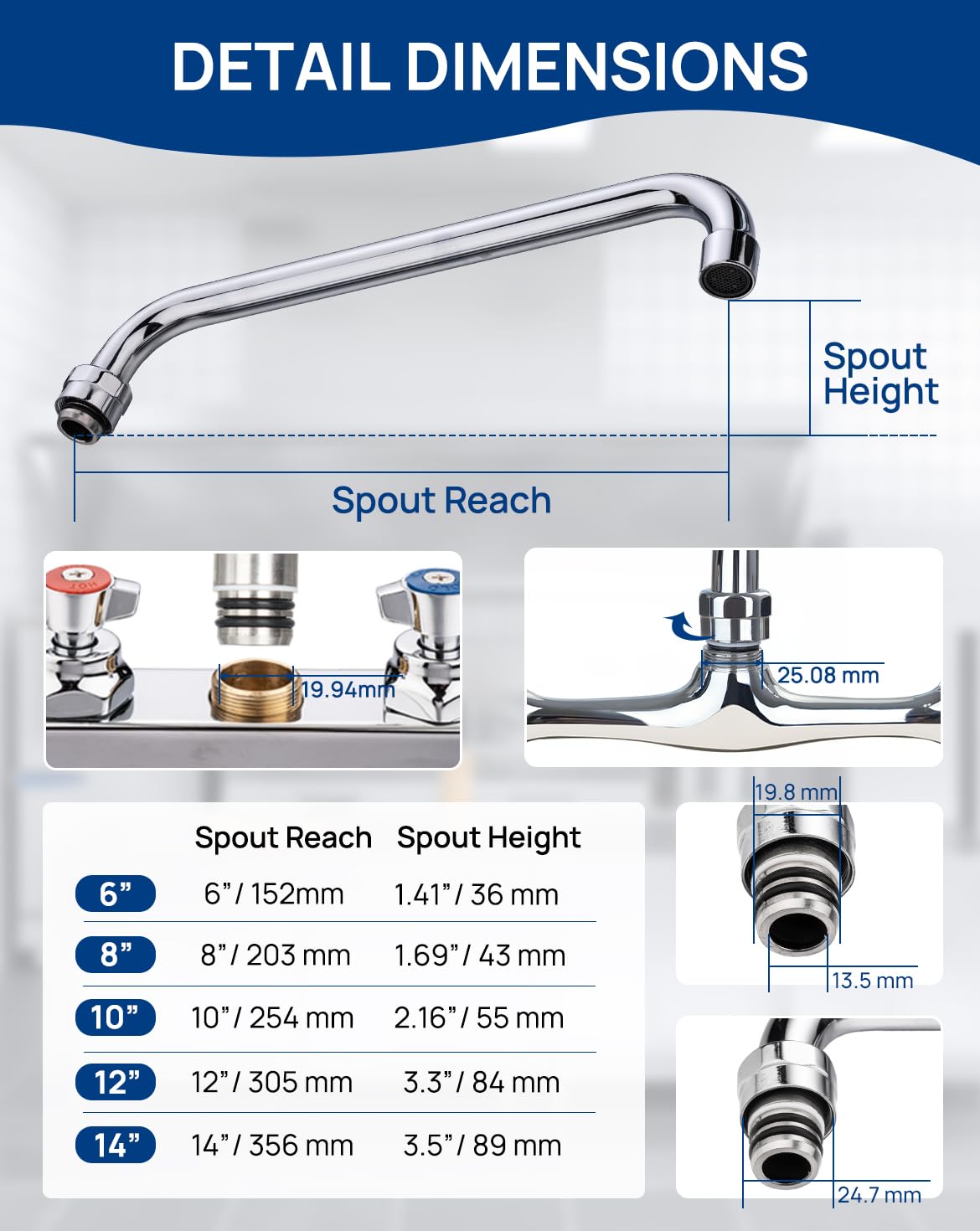 Sepaitek 12" Commercial Kitchen Sink Faucet Spout Replacement, Stainless Steel with Built-In Aerator, 1.8 GPM Flow Rate, Swivel Design, M25×1.25mm Thread, Leak-Proof and Splash-Free
