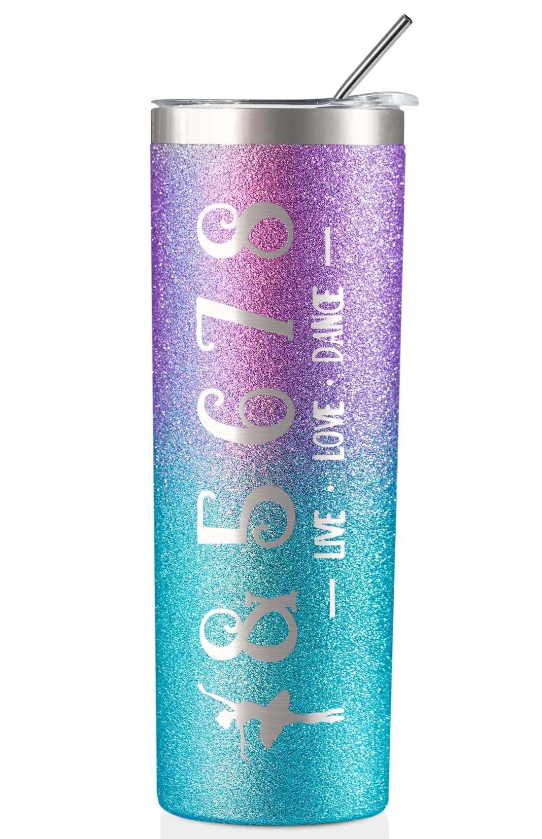 Onebttl Dance Teacher Appreciation Gift for Women, Her - & 5 6 7 8 Live Love Dance - Gifts for Dance Teachers - 20oz/590ml Stainless Steel Insulated Tumbler with Straw, Lid - Glitter Purple