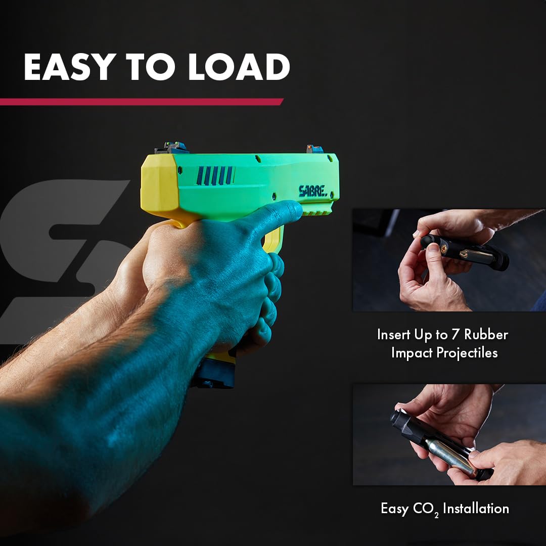 SABRE Home Defense Projectile Launcher, with 7, .68 Cal. Impact Projectiles, Direct Impact Up to 60ft., Easy to Handle, and Holds Up to 7 projectiles with 330 FPS Velocity Range