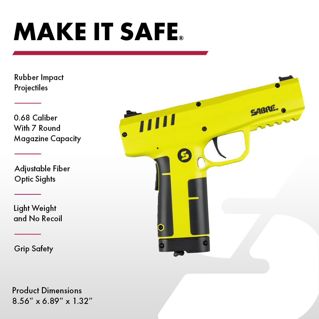 SABRE Home Defense Projectile Launcher, with 7, .68 Cal. Impact Projectiles, Direct Impact Up to 60ft., Easy to Handle, and Holds Up to 7 projectiles with 330 FPS Velocity Range