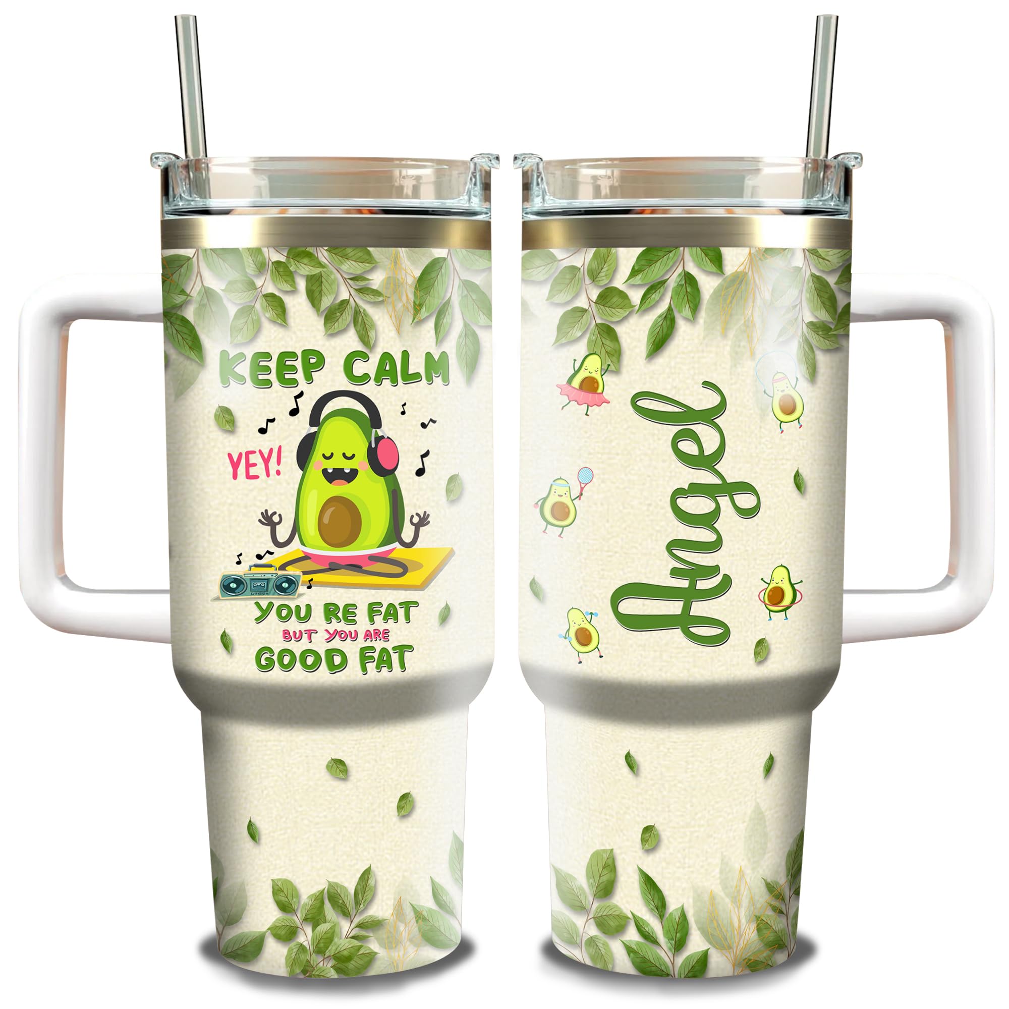 WAZONE Personalized Avocado Tumbler Cup With Lid Custom Name Tumbler 40oz with Handle and Straw Travel Mug Cute Exercise Yoga Cups With Funny Sayings Gift For Fitness Enthusiast Women Girls