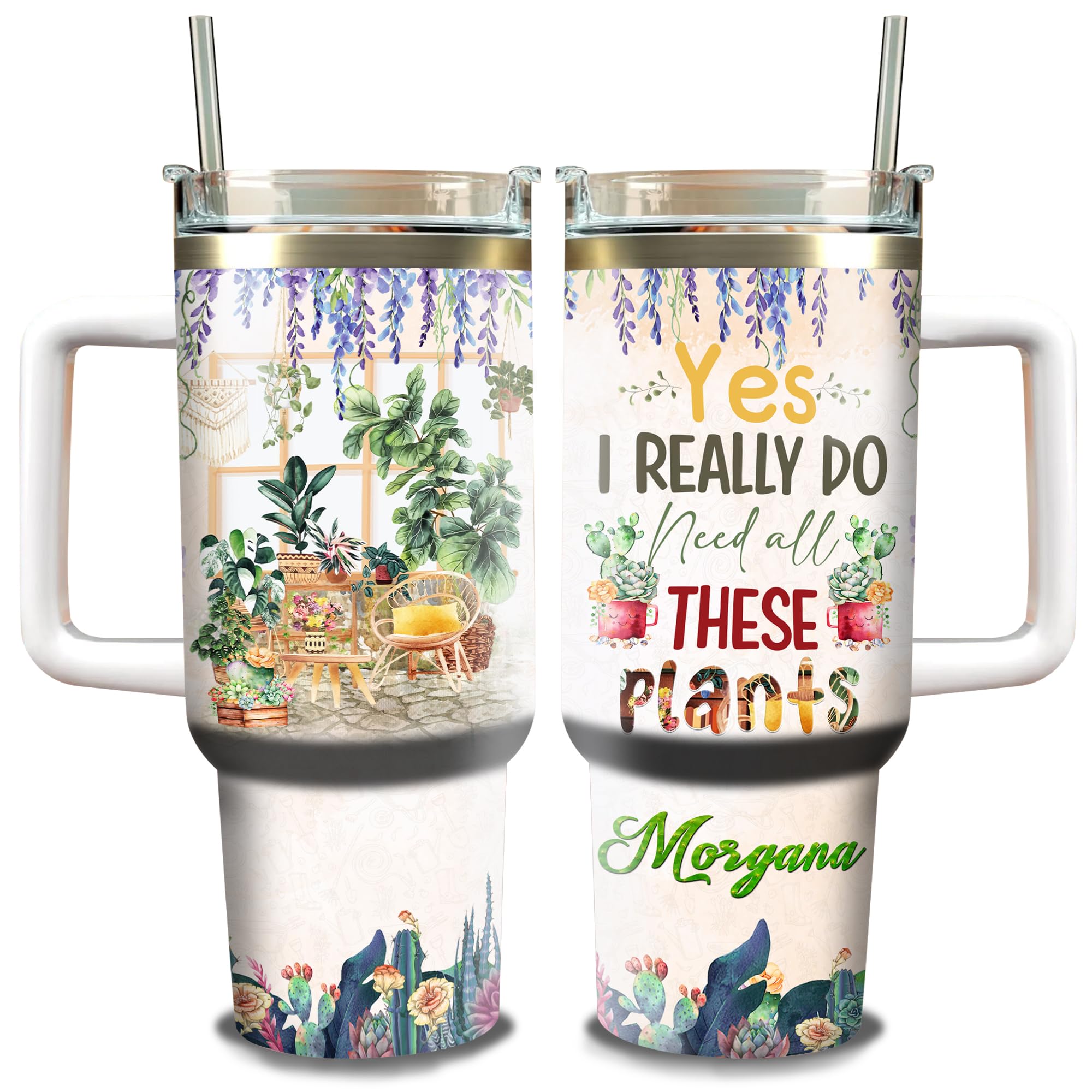 WAZONE Personalized Gardening Tumbler 40oz with Handle and Straw Yes I Really Do Need All These Plants Insulated Stainless Steel Cup With Lid Travel Mug Gift for Gardener Women Flower Lover