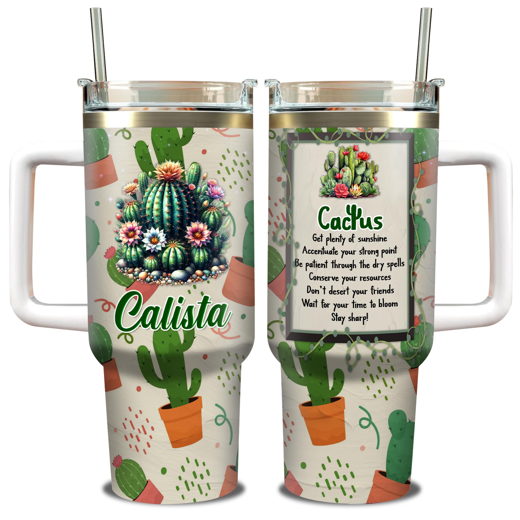 WAZONE Personalized Cactus Stainless Steel Tumbler Cup 40oz Custom Name Inspiration Travel Mugs Tumblers Flower Floral Cacti Plant Lovers Gifts for Women Gardeners Gardening