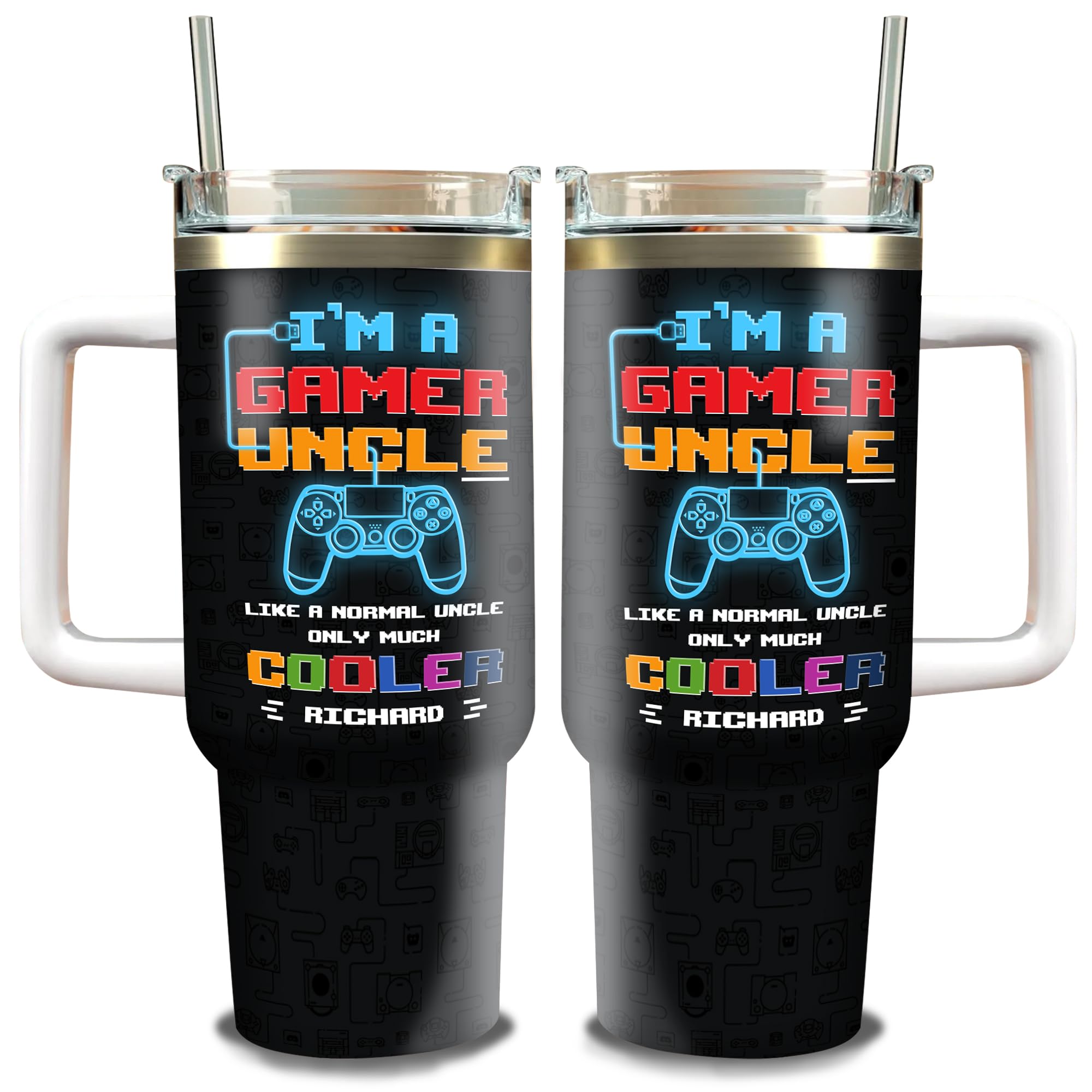 WAZONE Personalized Gamer Uncle Coffee Tumbler Tumbler 40oz with Handle and Straw Stainless Steel Custom Your Name Birthday Christmas Thanksgiving Gifts For Uncles Men From Sons Daughters