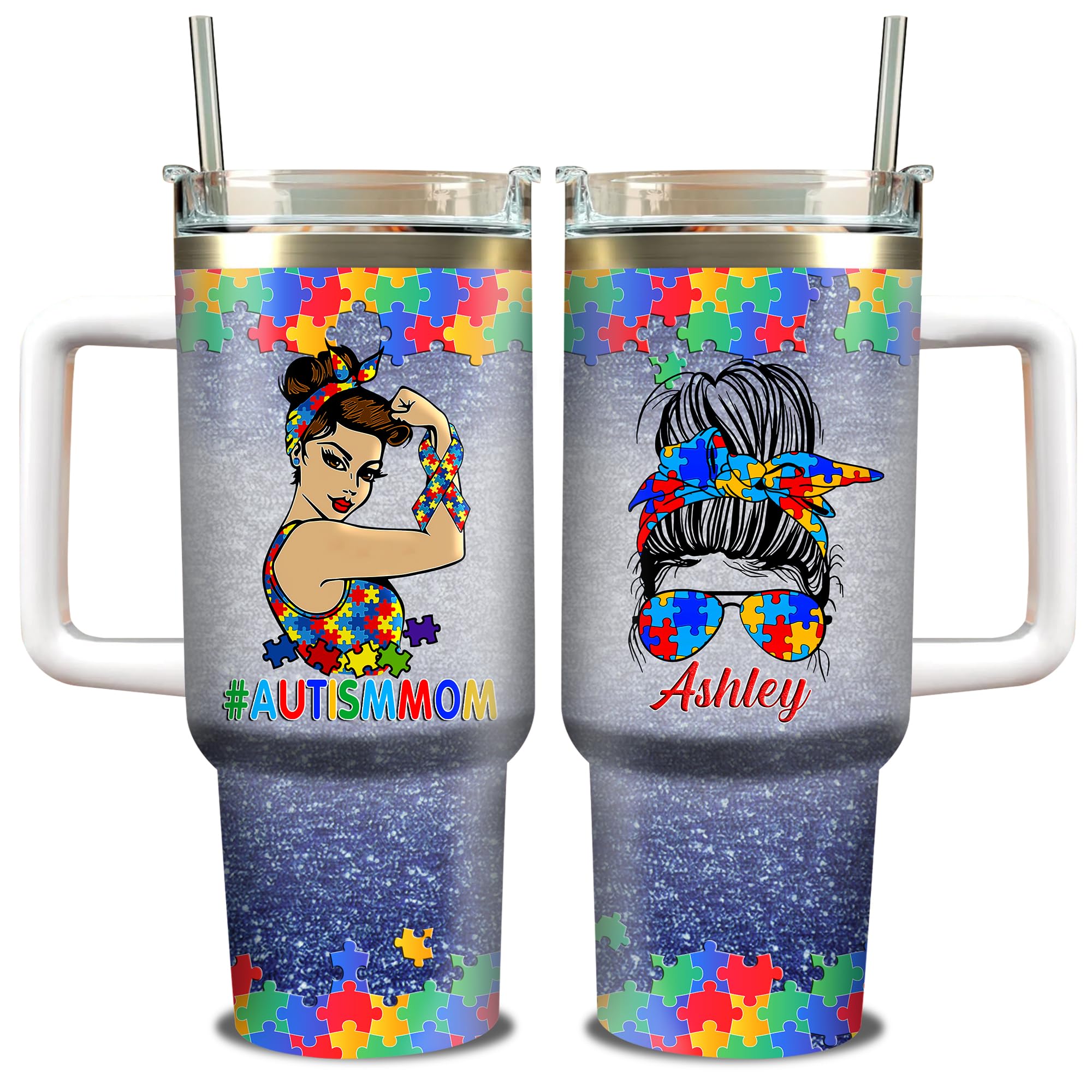 WAZONE Personalized Autism Mom Tumbler 40oz with Handle and Straw Stainless Steel From Daughters Sons For Mommy Mother Mama Customized Name Gifts Idea on Birthday Christmas Mothers Day
