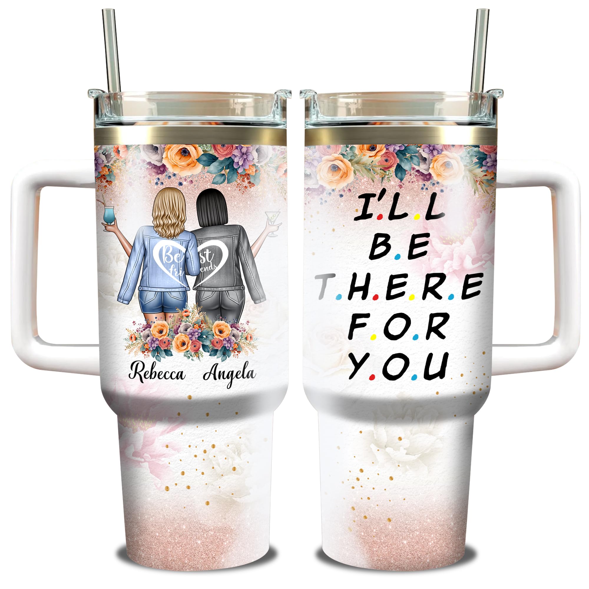 WAZONE Personalized Best Friend BFF Tumbler 40oz with Handle and Straw I'll Be There For You Quote Birthday Christmas Awesome Custom Names Gift For Women Besties Good Friends Sister Coffee Mugs