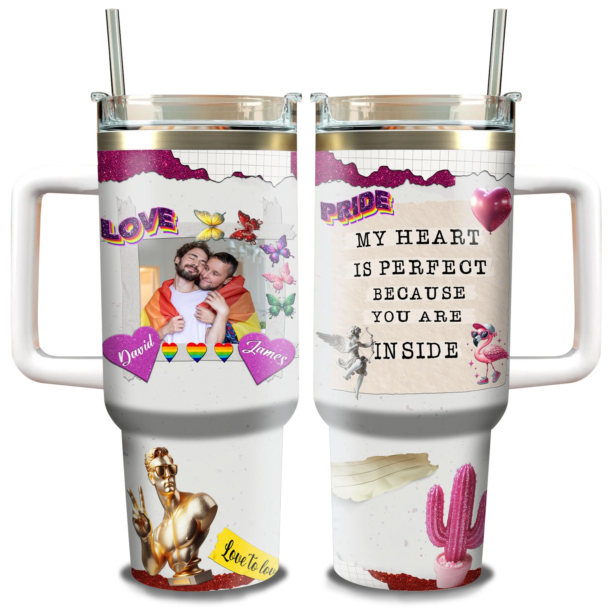 WAZONE Personalized Photo Lgbt Rainbow Insulated Tumbler Stainless Steel Tumblers with Lid 40oz Cups Custom Pictures Names Birthday Christmas Gifts For Couple on Birthday Pride Month