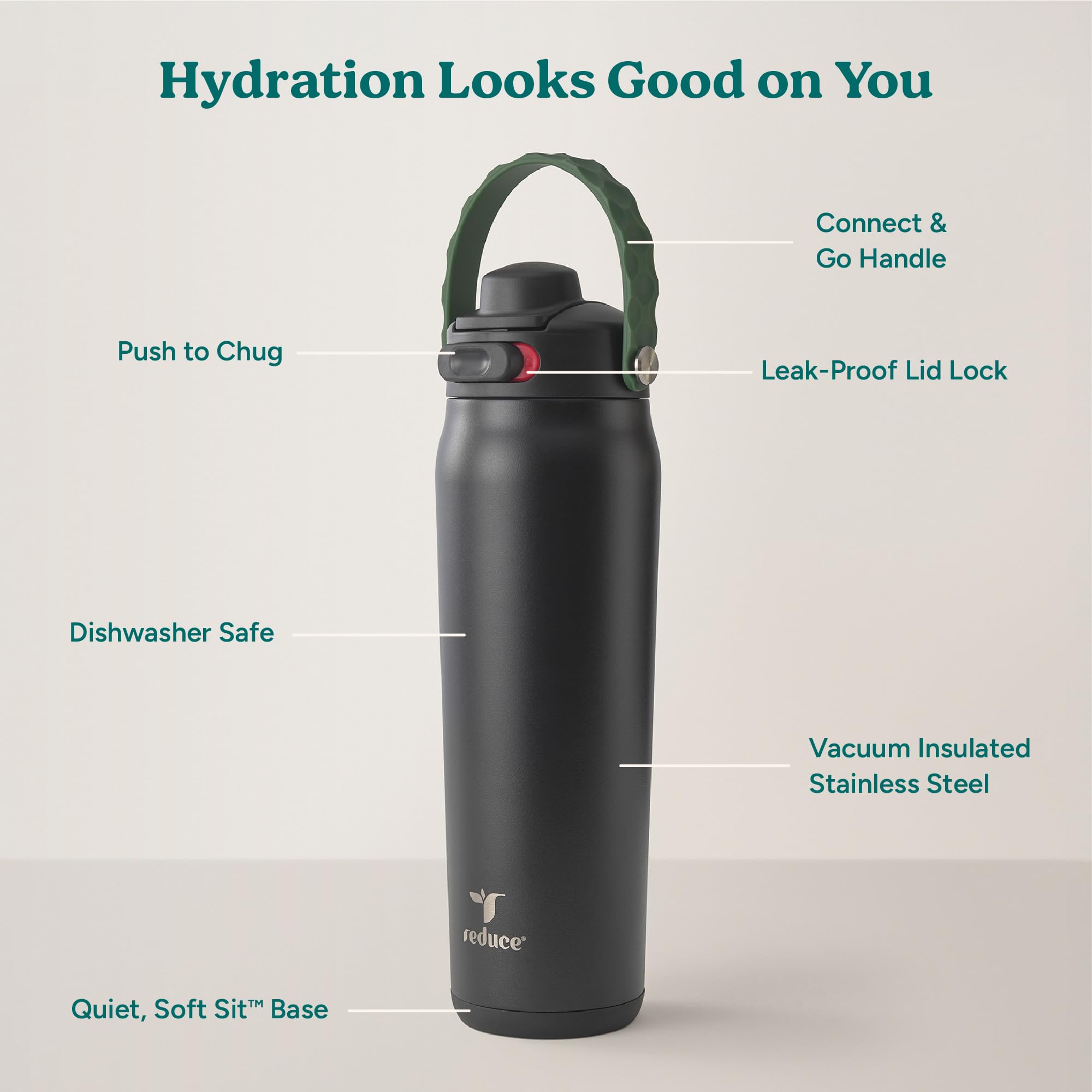 Reduce Aura Vacuum Insulated 26 oz Water Bottle - Leak-Proof & Chug Spout for Quick Hydration - Keeps Drinks Cold for 30 Hours - Removable Handle for Travel or Gym - Soft Sit Base - Phantom