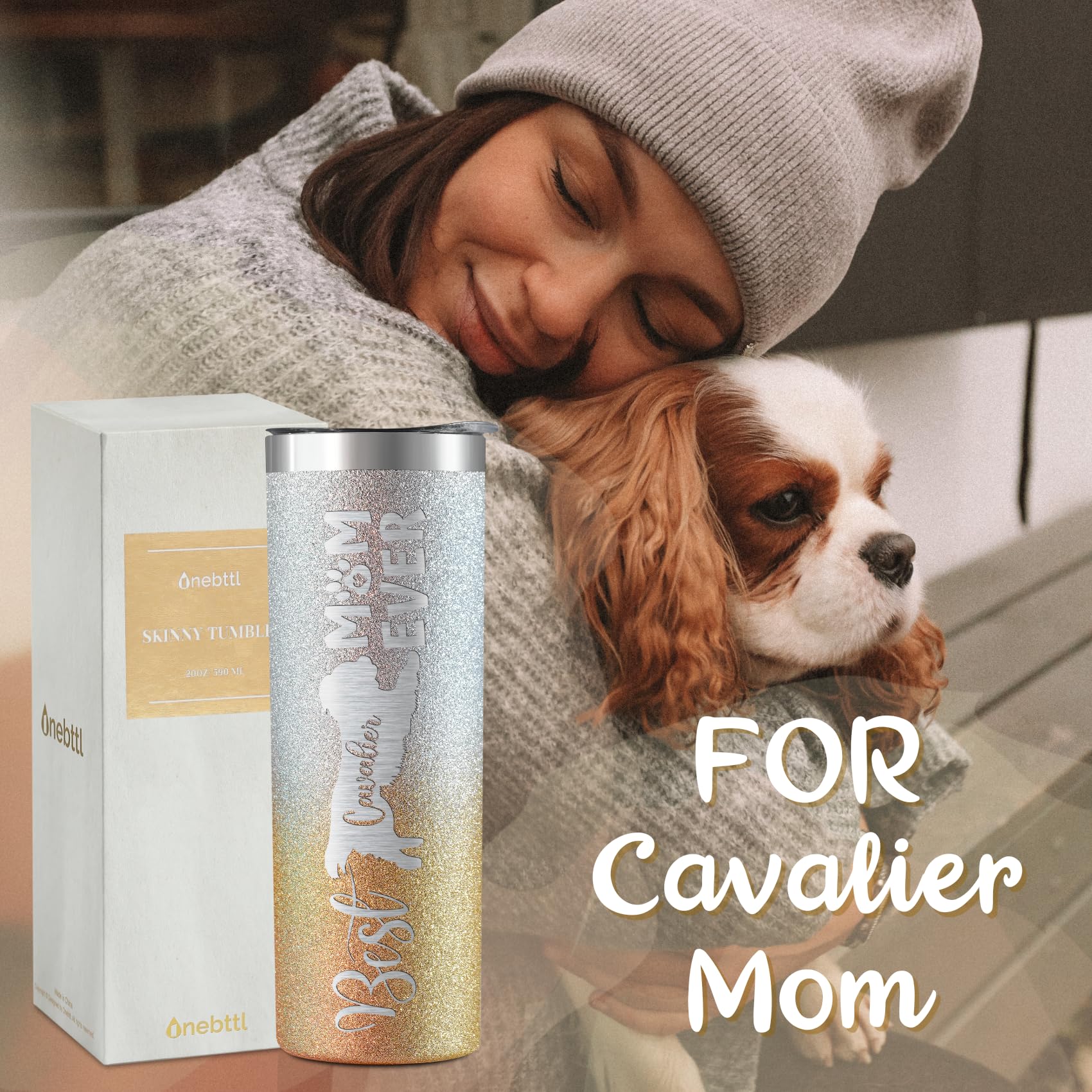 Onebttl King Charles Cavalier Gifts for Women, Unique 20oz Cavalier Tumbler with Lid and Straw, Cavalier King Charles Spaniel Gifts for Cavalier Lovers - Silver Gold