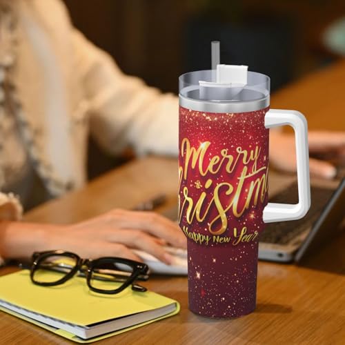 deaokluy 40 OZ Christmas Ice Bully Cup with Handle Straw Lid, Double Wall Stainless Steel Tumbler Travel Coffee Cup, Merry Insulation and Cooling Cup for Christmas Birthday Present