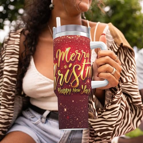 deaokluy 40 OZ Christmas Ice Bully Cup with Handle Straw Lid, Double Wall Stainless Steel Tumbler Travel Coffee Cup, Merry Insulation and Cooling Cup for Christmas Birthday Present
