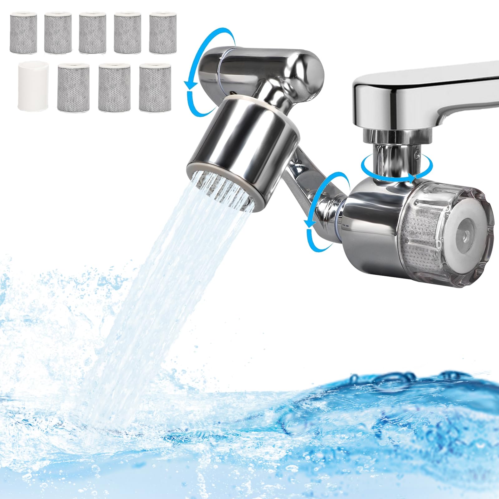 Splash-Proof Sink Faucet Extender With Filter,Ultra-flexible 1080° Swivel Tap Aerator, 2 Modes Spray Attachment for Kitchen/Bathroom, 8pcs Extra Carbon Fiber Filter,3s Installation