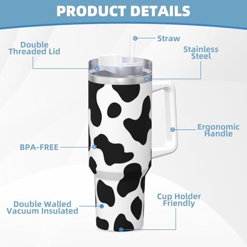 deaokluy 40 OZ Cowhide Print Ice Bully Cup with Handle Straw Lid, Double Wall Stainless Steel Tumbler Travel Coffee Cup, Black and White Insulation and Cooling Cup for Christmas Birthday Present