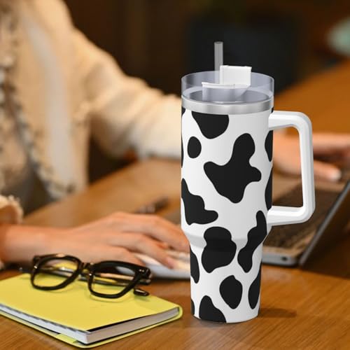 deaokluy 40 OZ Cowhide Print Ice Bully Cup with Handle Straw Lid, Double Wall Stainless Steel Tumbler Travel Coffee Cup, Black and White Insulation and Cooling Cup for Christmas Birthday Present