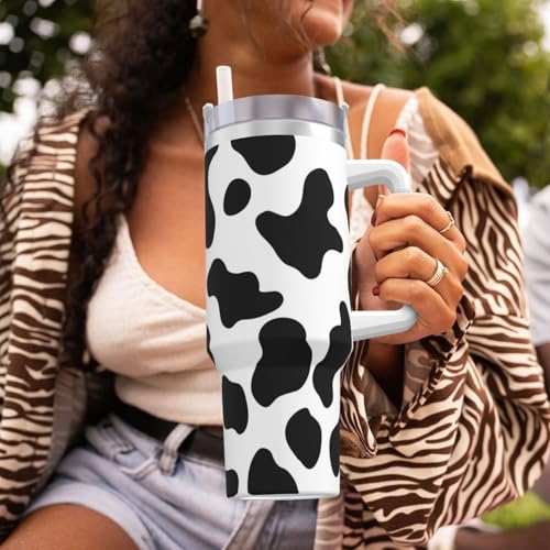 deaokluy 40 OZ Cowhide Print Ice Bully Cup with Handle Straw Lid, Double Wall Stainless Steel Tumbler Travel Coffee Cup, Black and White Insulation and Cooling Cup for Christmas Birthday Present