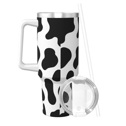 deaokluy 40 OZ Cowhide Print Ice Bully Cup with Handle Straw Lid, Double Wall Stainless Steel Tumbler Travel Coffee Cup, Black and White Insulation and Cooling Cup for Christmas Birthday Present