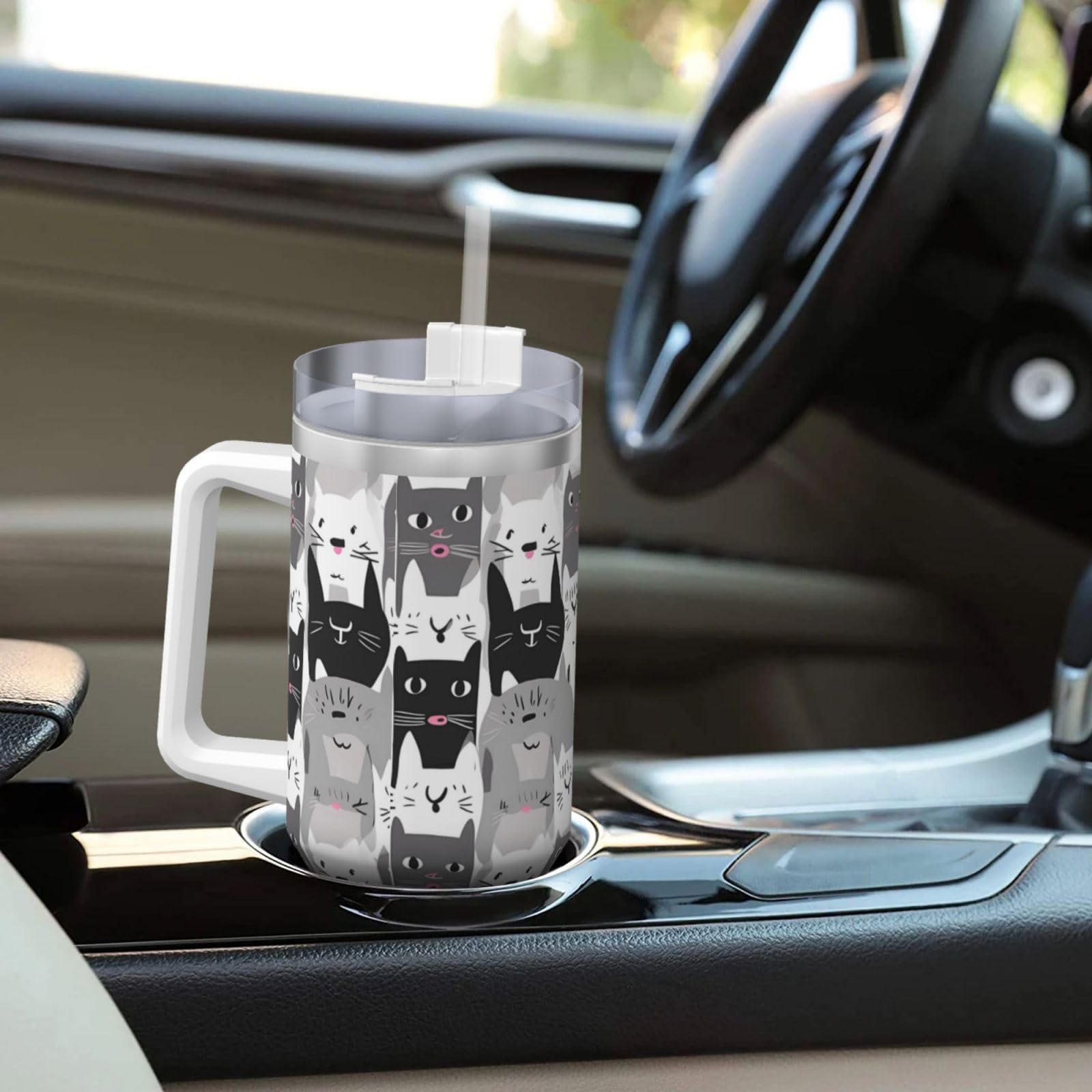 deaokluy 40 OZ Cute Cat Ice Bully Cup with Handle Straw Lid, Double Wall Stainless Steel Tumbler Travel Coffee Cup, Cartoon Insulation and Cooling Cup for Christmas Birthday Present