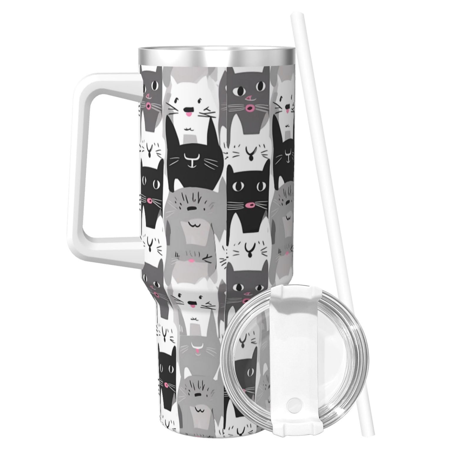 deaokluy 40 OZ Cute Cat Ice Bully Cup with Handle Straw Lid, Double Wall Stainless Steel Tumbler Travel Coffee Cup, Cartoon Insulation and Cooling Cup for Christmas Birthday Present
