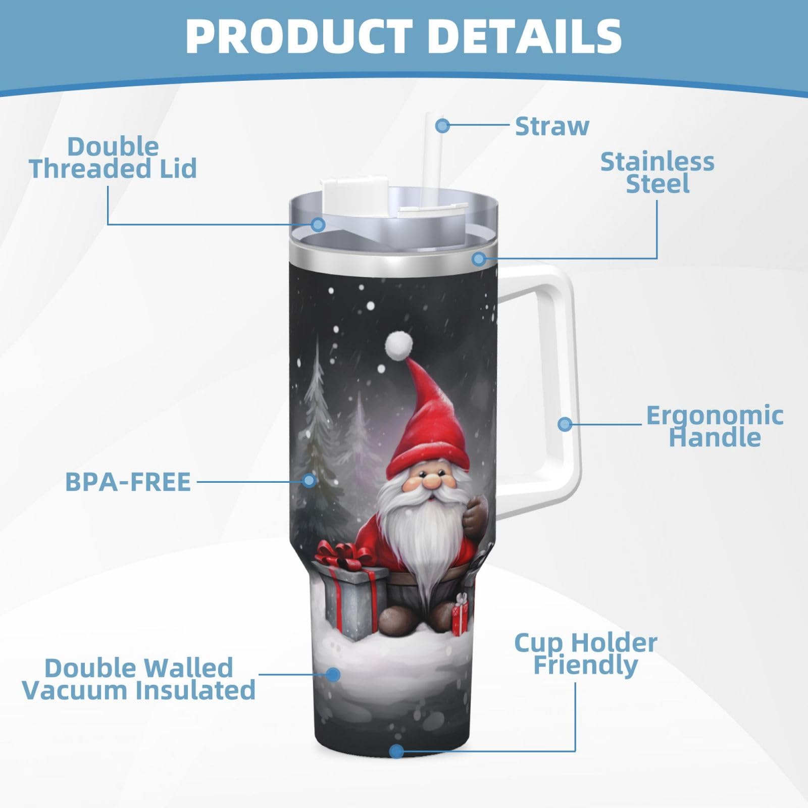 deaokluy 40 OZ Christmas Gnome Ice Bully Cup with Handle Straw Lid, Double Wall Stainless Steel Tumbler Travel Coffee Cup, Happy Christmas Insulation and Cooling Cup for Christmas Birthday Present