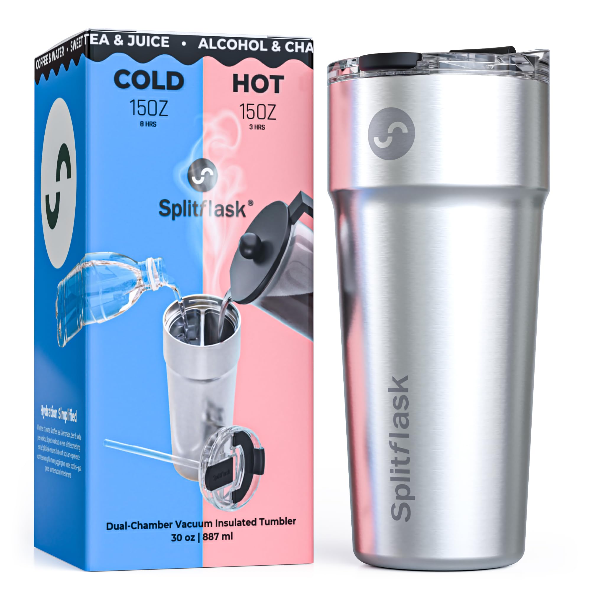 2-in-1 Hot & Cold Vacuum Insulated 30oz Tumblers, Stainless Steel Dual Chamber, Leak-Proof, BPA-Free, Fits Cup Holder, Travel Coffee Mug, Split Cup, 2 Drink, 2 Sides, Coffee & Water (Sandy Silver)