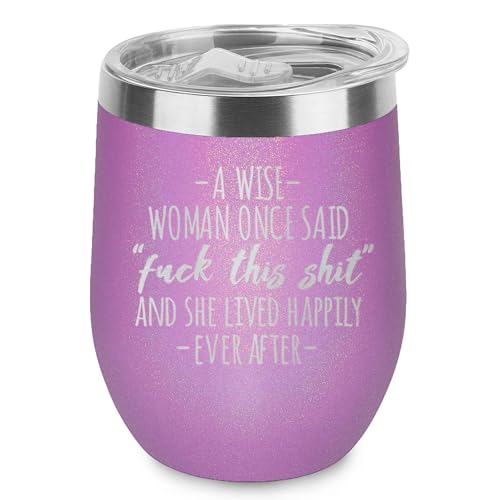 shop4ever A Wise Woman Once Said F This And She Lived Happily Ever After Engraved Insulated Stainless Steel Wine Tumbler with Lid 12 oz. Funny Divorce Retirement Feminist Gift (Purple Sparkle)