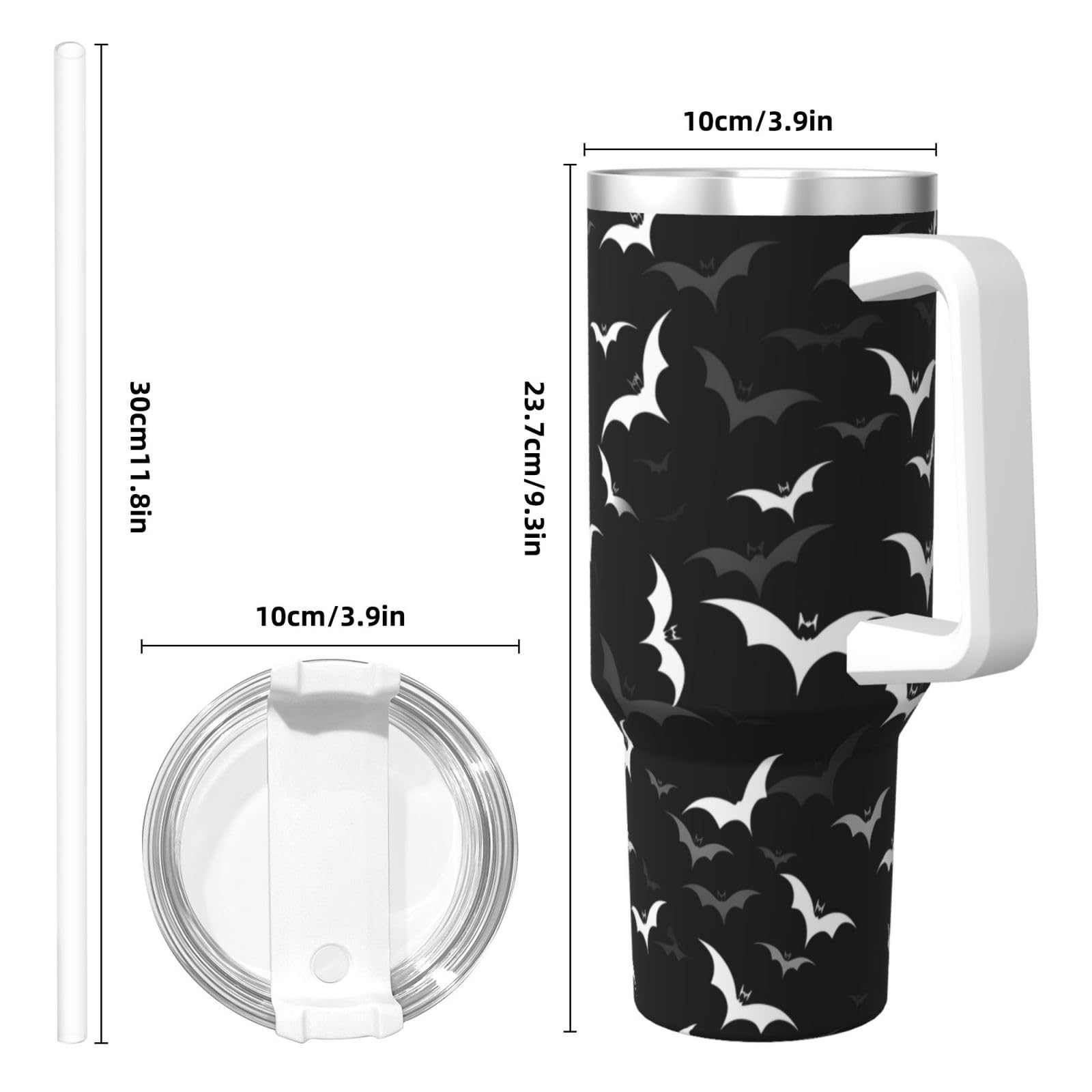 deaokluy 40 OZ Bats Ice Bully Cup with Handle and Straw, Double Wall Stainless Steel Tumbler Travel Coffee Cup with Lid, Halloween Insulation and Cooling Cup for Christmas Birthday Present