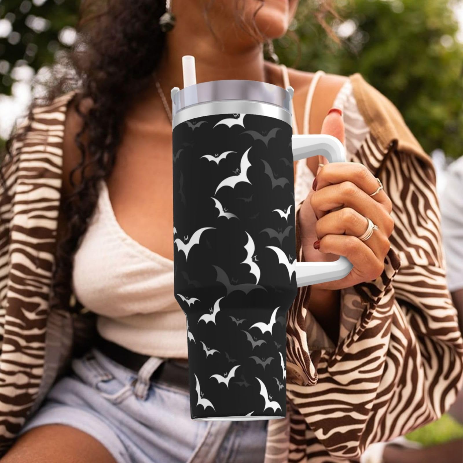 deaokluy 40 OZ Bats Ice Bully Cup with Handle and Straw, Double Wall Stainless Steel Tumbler Travel Coffee Cup with Lid, Halloween Insulation and Cooling Cup for Christmas Birthday Present
