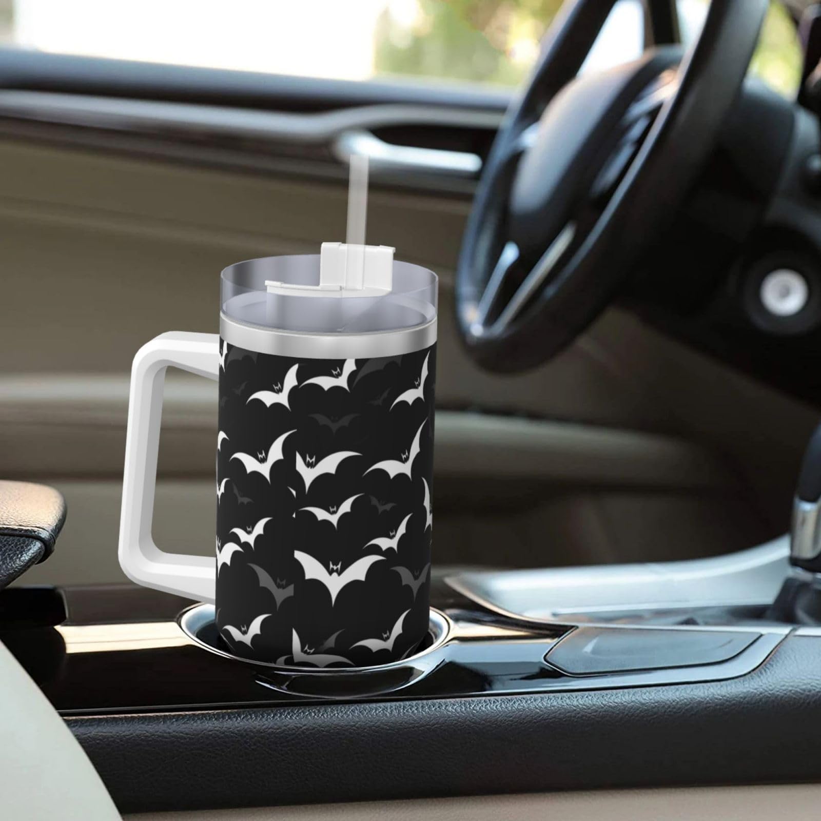 deaokluy 40 OZ Bats Ice Bully Cup with Handle and Straw, Double Wall Stainless Steel Tumbler Travel Coffee Cup with Lid, Halloween Insulation and Cooling Cup for Christmas Birthday Present