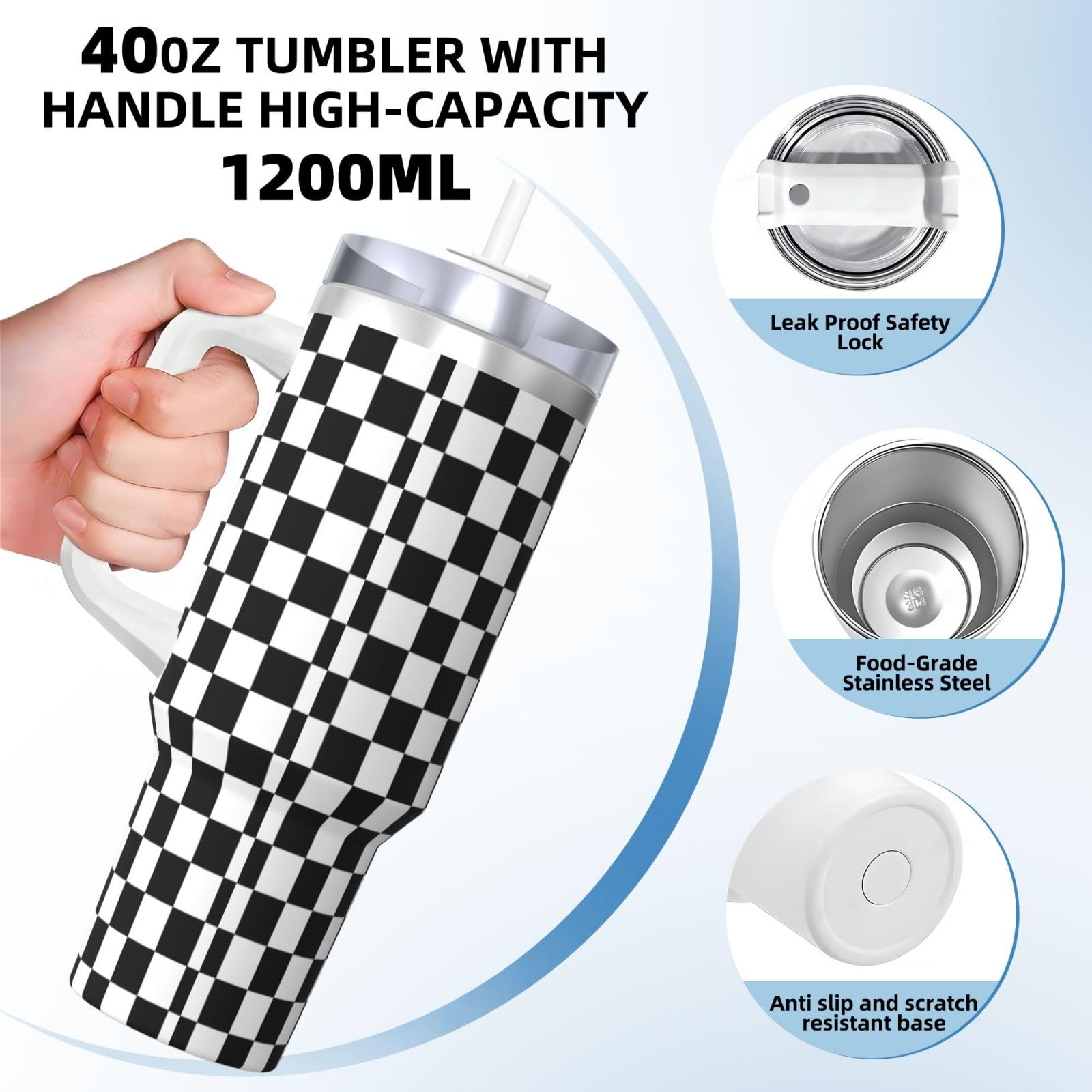 deaokluy 40 OZ Checkered Pattern Ice Bully Cup with Handle Straw Lid, Double Wall Stainless Steel Tumbler Travel Coffee Cup, Black White Insulation and Cooling Cup for Christmas Birthday Present
