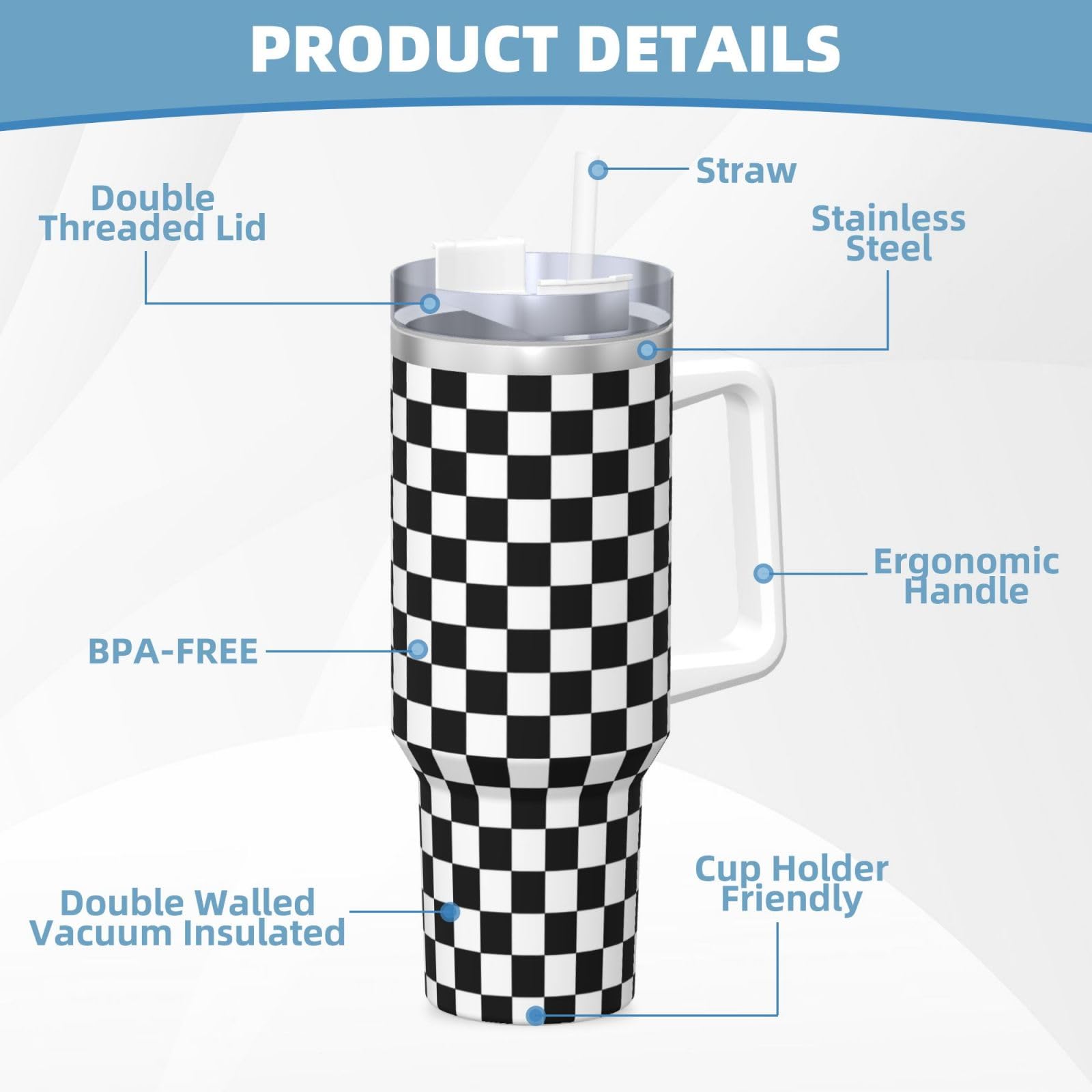 deaokluy 40 OZ Checkered Pattern Ice Bully Cup with Handle Straw Lid, Double Wall Stainless Steel Tumbler Travel Coffee Cup, Black White Insulation and Cooling Cup for Christmas Birthday Present
