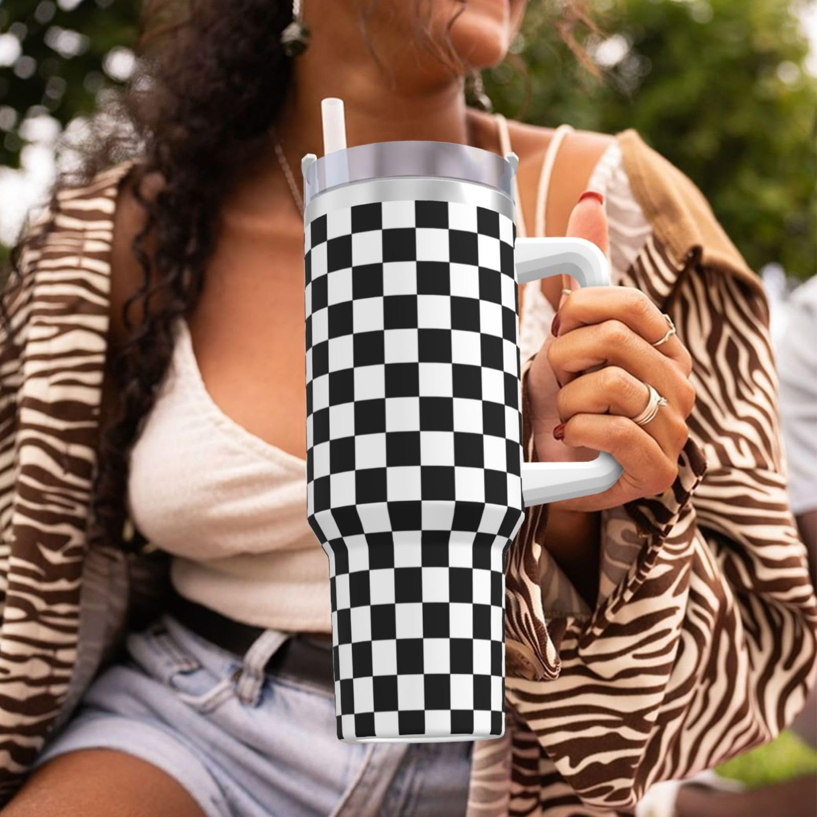 deaokluy 40 OZ Checkered Pattern Ice Bully Cup with Handle Straw Lid, Double Wall Stainless Steel Tumbler Travel Coffee Cup, Black White Insulation and Cooling Cup for Christmas Birthday Present