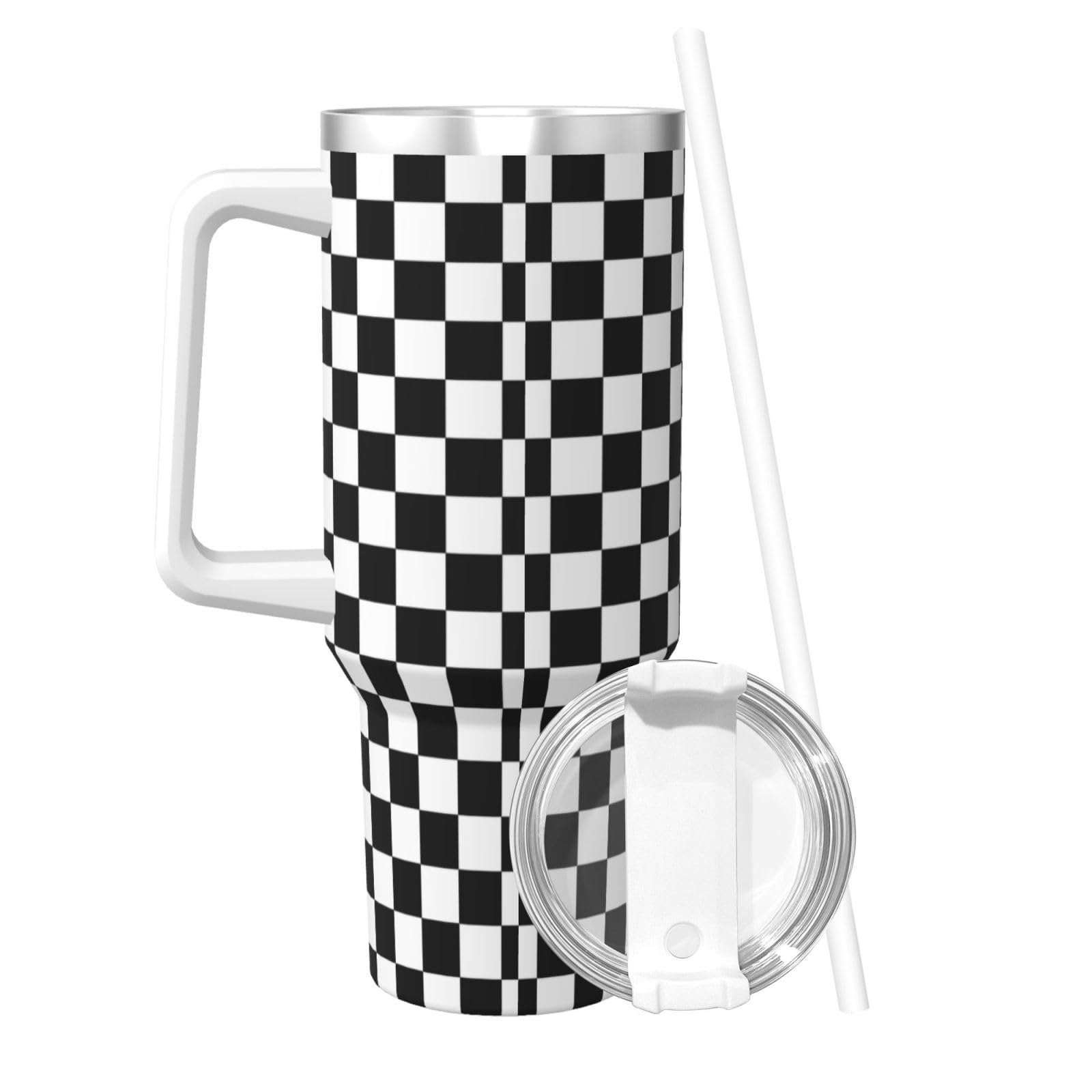 deaokluy 40 OZ Checkered Pattern Ice Bully Cup with Handle Straw Lid, Double Wall Stainless Steel Tumbler Travel Coffee Cup, Black White Insulation and Cooling Cup for Christmas Birthday Present