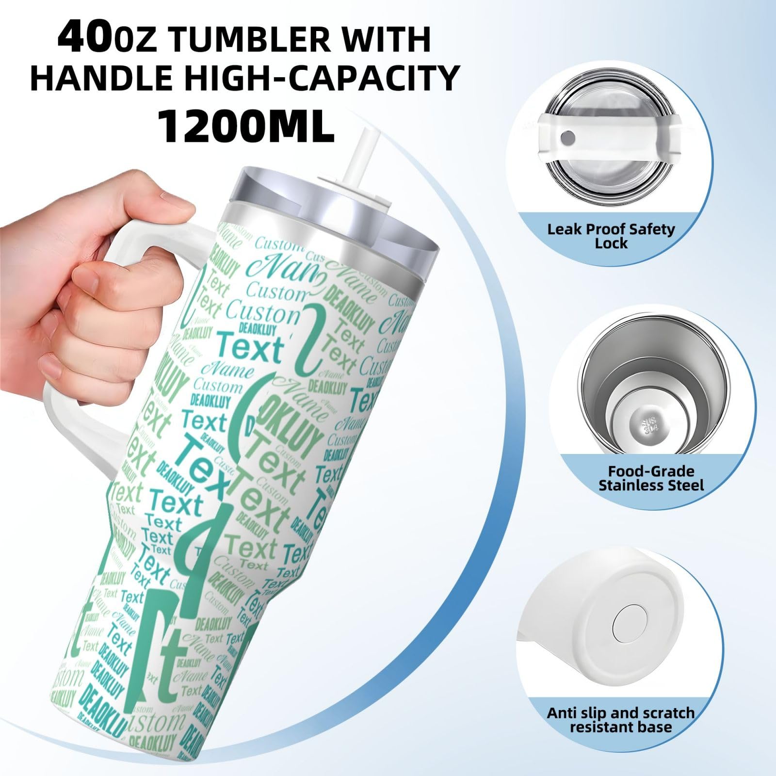 deaokluy Custom 40 OZ Ice Bully Cup with Handle Straw, Personalized Stainless Steel Tumbler with Lid Add Name Text, Choose Letter to Custom Travel Coffee Cup Present for Mom Dad Birthday Christmas