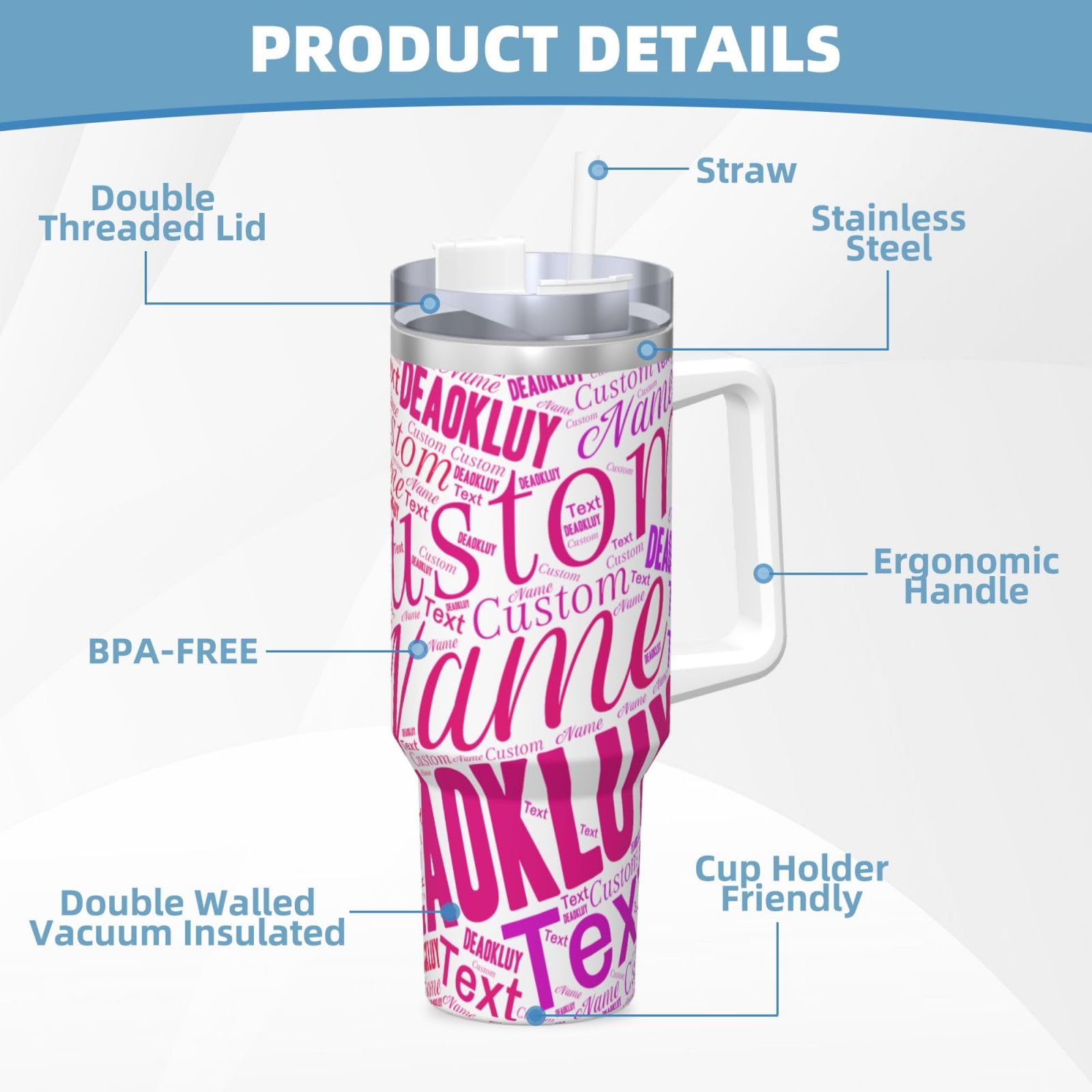 deaokluy Custom 40 OZ Ice Bully Cup with Handle Straw, Personalized Stainless Steel Tumbler with Lid Add Name Text, Choose Letter to Custom Travel Coffee Cup Present for Mom Dad Birthday Christmas