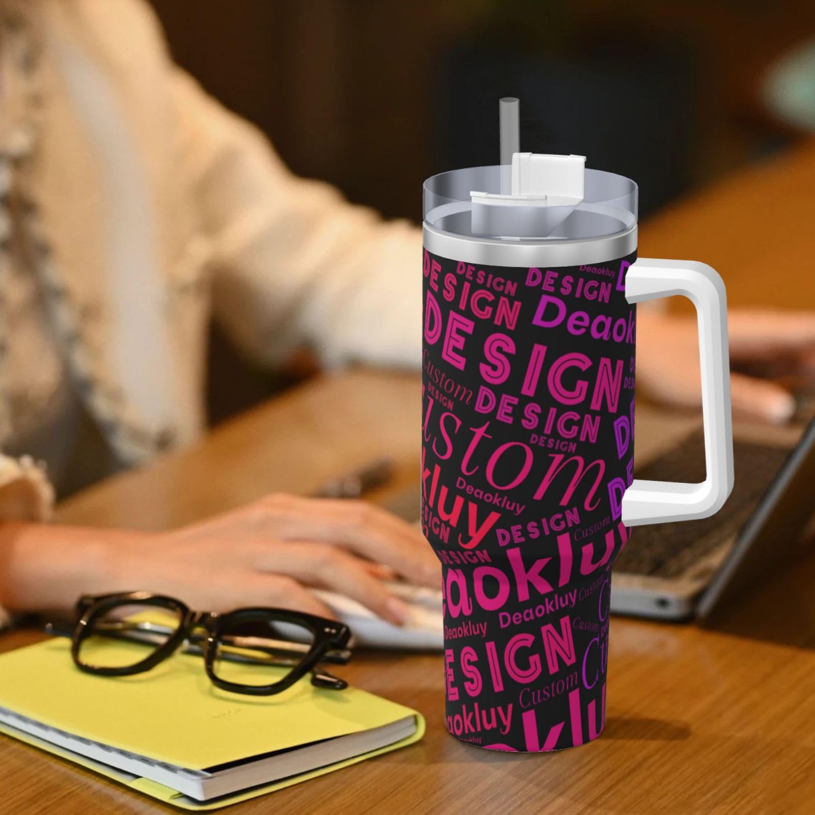 deaokluy Custom 40 OZ Ice Bully Cup with Handle Straw, Personalized Stainless Steel Tumbler with Lid Add Name Text, Choose Letter to Custom Travel Coffee Cup Present for Mom Dad Birthday Christmas
