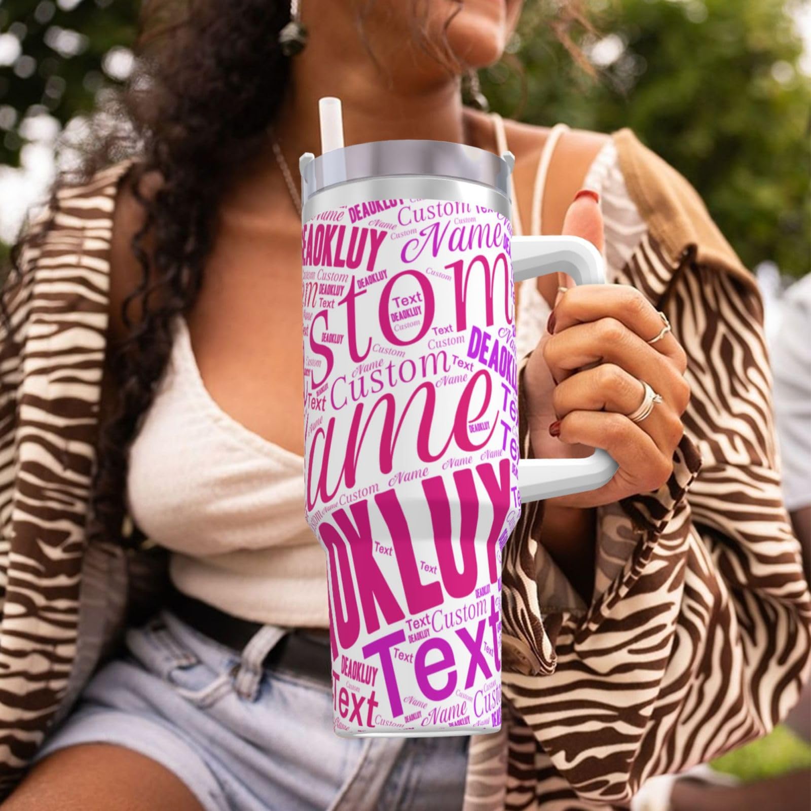 deaokluy Custom 40 OZ Ice Bully Cup with Handle Straw, Personalized Stainless Steel Tumbler with Lid Add Name Text, Choose Letter to Custom Travel Coffee Cup Present for Mom Dad Birthday Christmas