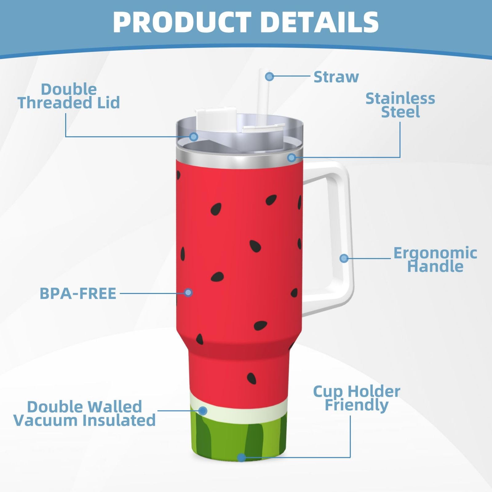 deaokluy 40 OZ Watermelon Ice Bully Cup with Handle and Straw, Double Wall Stainless Steel Tumbler Travel Coffee Cup with Lid, Summer Insulation and Cooling Cup for Christmas Birthday Present