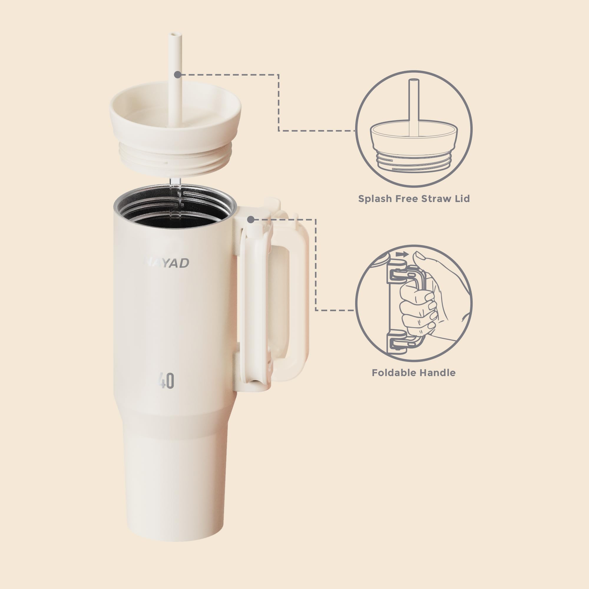 NAYAD 40oz Tumbler with Handle and Straw, Insulated Stainless Steel 40 oz Water Bottle with Flip Lid & Straw Lid,Cup Holder Compatible for Travel, Holiday Gift with Foldable Handle