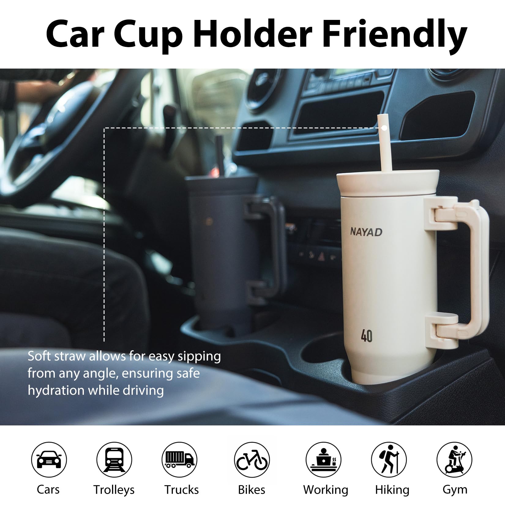 NAYAD 40oz Tumbler with Handle and Straw, Insulated Stainless Steel 40 oz Water Bottle with Flip Lid & Straw Lid,Cup Holder Compatible for Travel, Holiday Gift with Foldable Handle