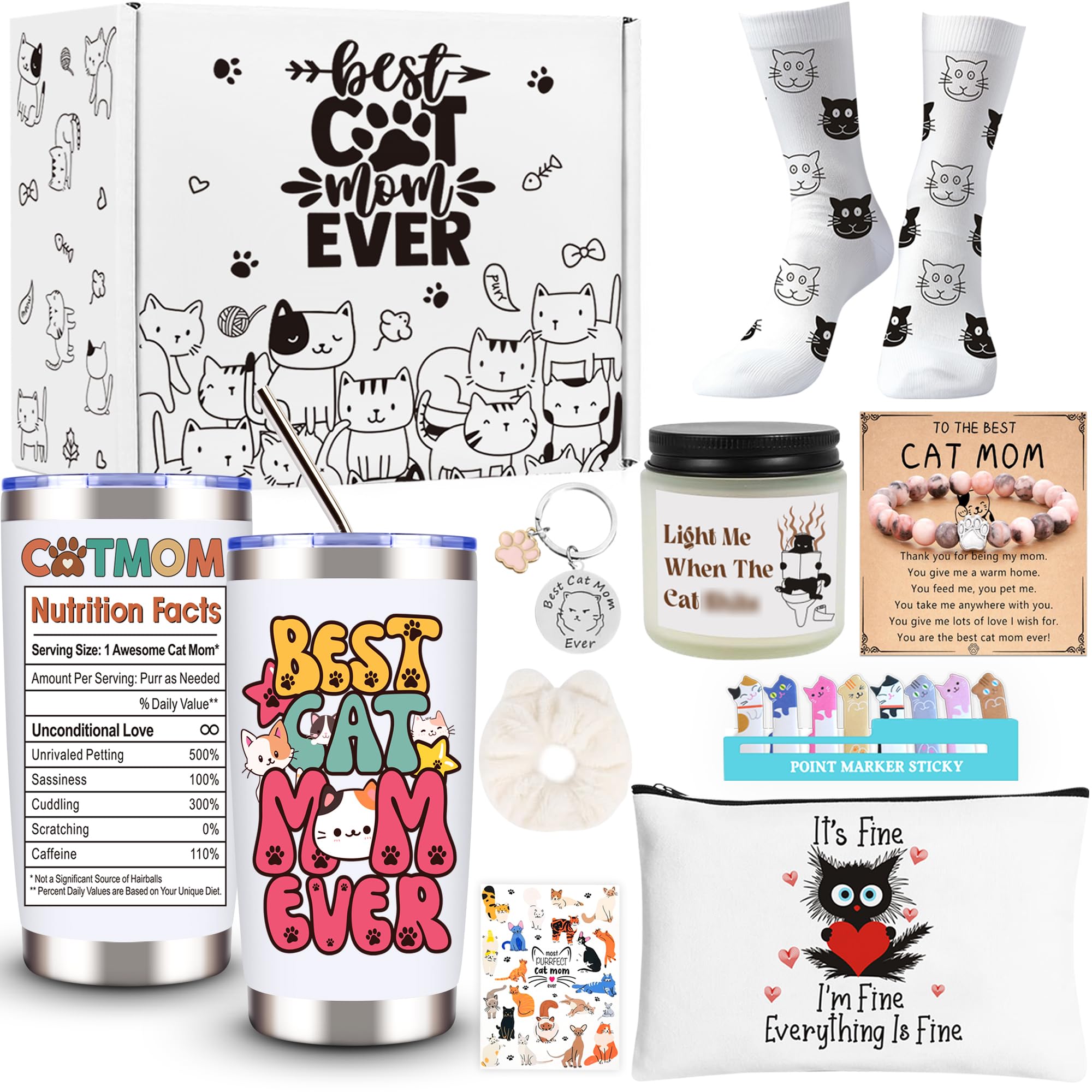SIXVALA Cat Lover Gifts for Women, Best Cat Mom Gift Box With 20 Oz Tumbler, Makeup Bag, Scented Candle, Bracelets, Keychain, Cat Themed Gifts for Friend, Daughter, Mother, Sister, Wife