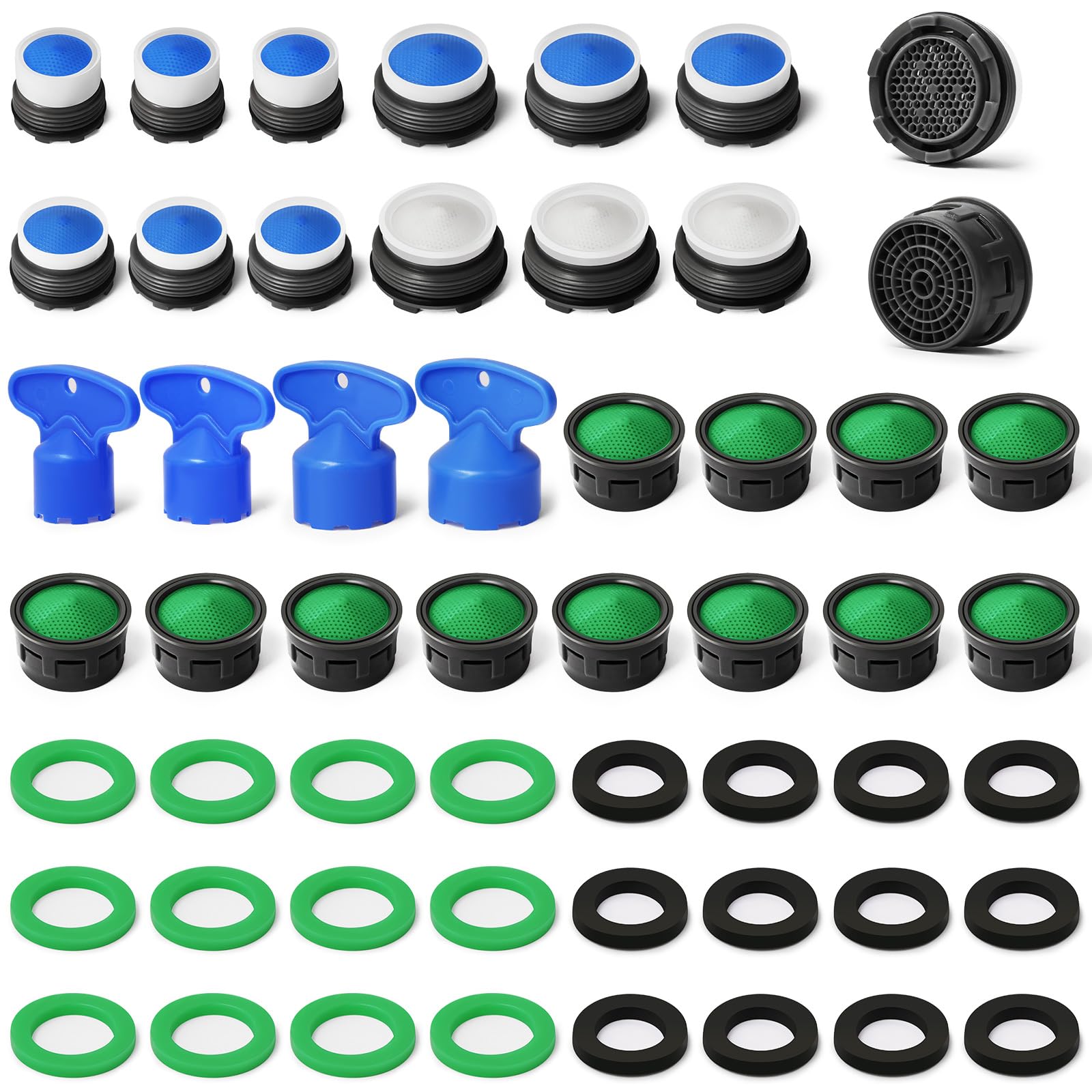 K Kwokker 24Pcs Faucet Aerator 4Pcs Aerator Key, 2 Types Faucet Filter, Sink Aerator for Kitchen, Bathroom, Male Threads 16.5 18.5 21.5 24, 4.75 GPM Flow Restrictor Insert, Faucet Aerator Removal Tool