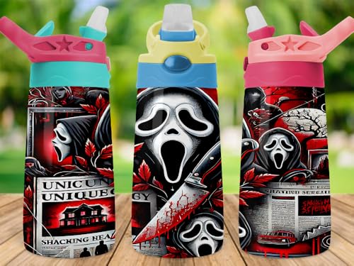 Ghost-Face #7 12oz Stainless Steel Kids Tumbler, Boys Or Girls, Halloween, Horror Movie Character, Gift, Great For Keeping Drink Cold or Hot (Black/Red Lid)