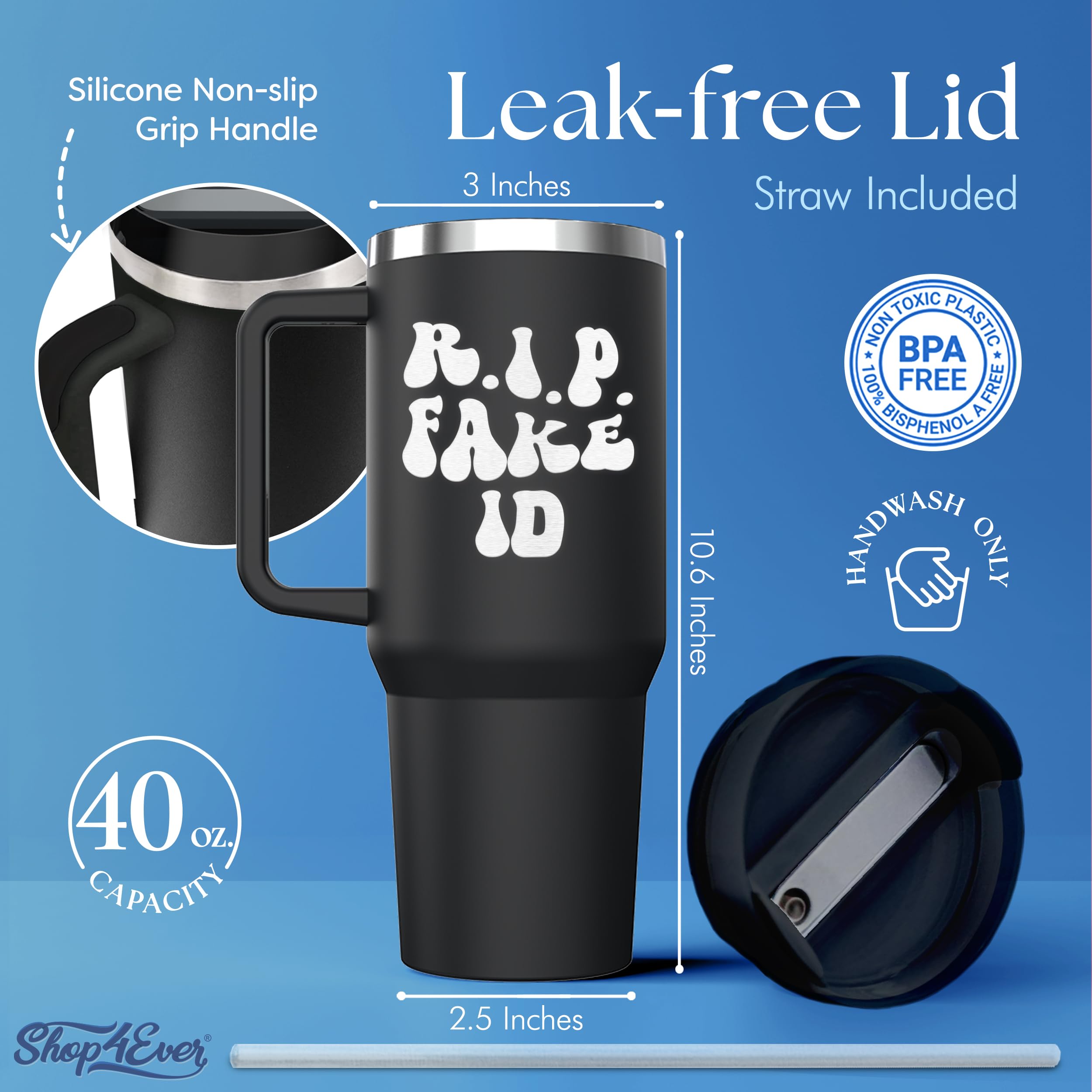 shop4ever RIP Fake ID 21 Twenty One Engraved Insulated Stainless Steel Tumbler with Handle, Lid, and Straw 40 oz. 21st Birthday Gift (Black)