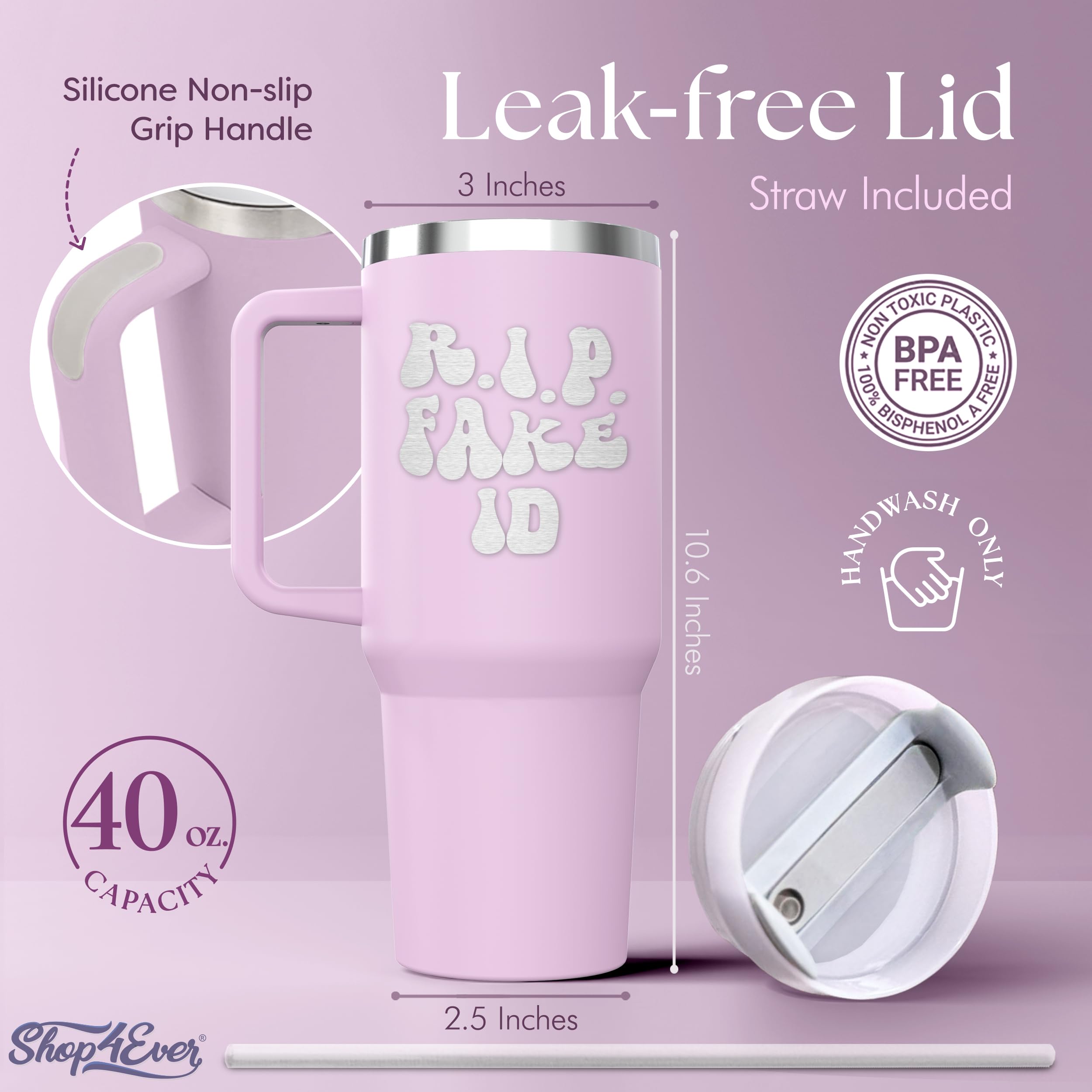 shop4ever RIP Fake ID 21 Twenty One Engraved Insulated Stainless Steel Tumbler with Handle, Lid, and Straw 40 oz. 21st Birthday Gift (Lavender)