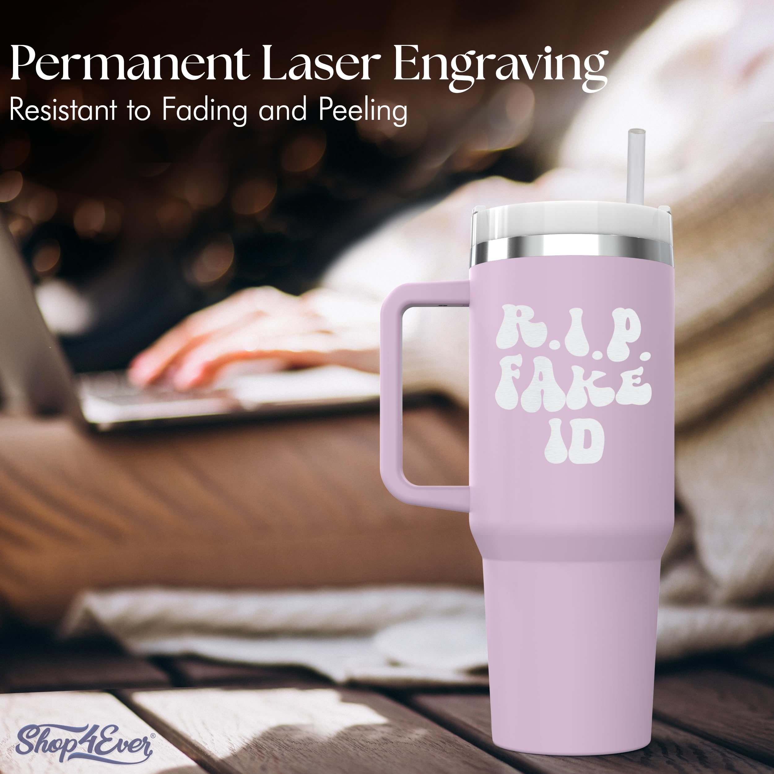 shop4ever RIP Fake ID 21 Twenty One Engraved Insulated Stainless Steel Tumbler with Handle, Lid, and Straw 40 oz. 21st Birthday Gift (Lavender)