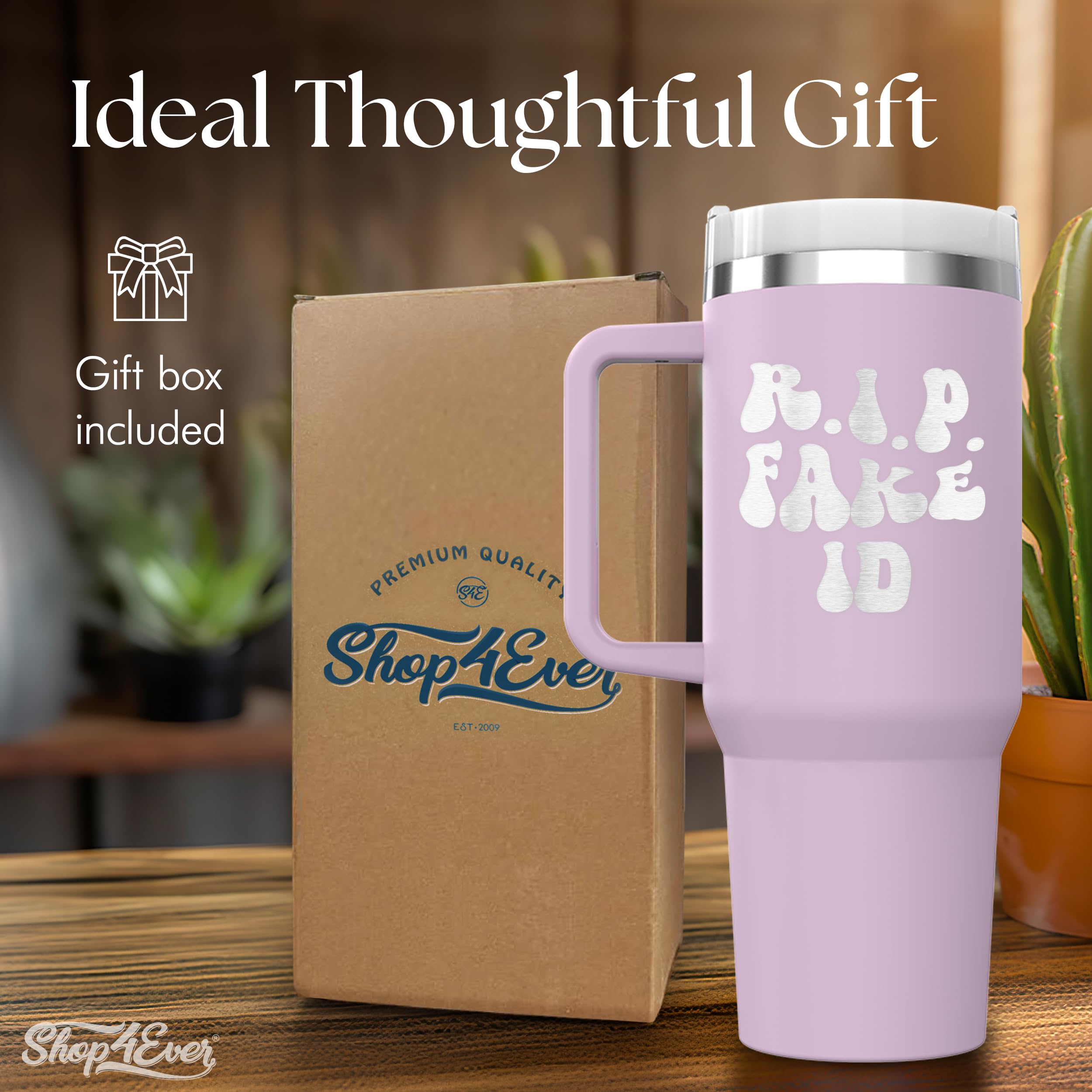 shop4ever RIP Fake ID 21 Twenty One Engraved Insulated Stainless Steel Tumbler with Handle, Lid, and Straw 40 oz. 21st Birthday Gift (Lavender)