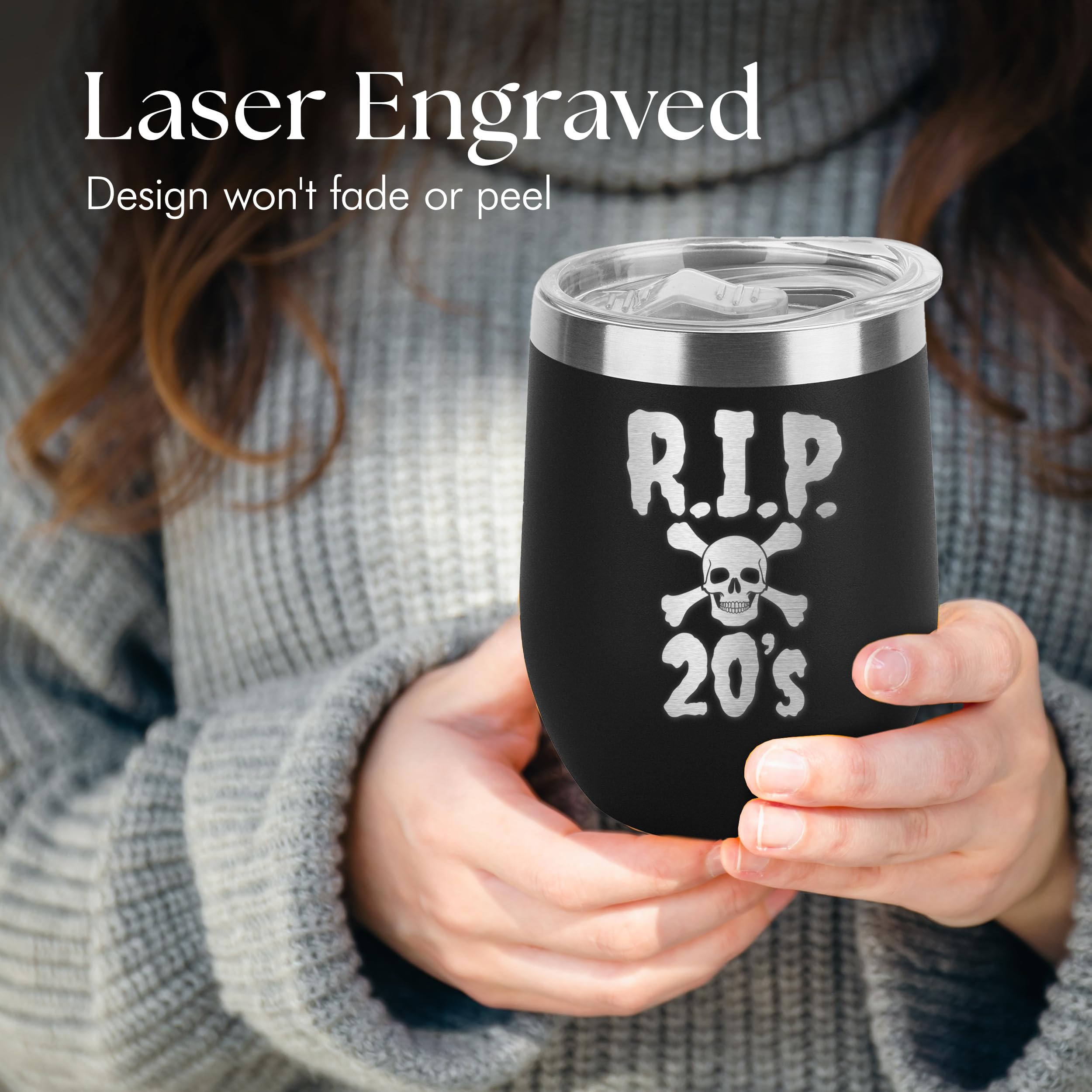 shop4ever RIP 20's Skull 30 Year Old Thirty Engraved Insulated Stainless Steel Wine Tumbler with Lid 12 oz. 30th Birthday Gift Dirty 30 (Black)