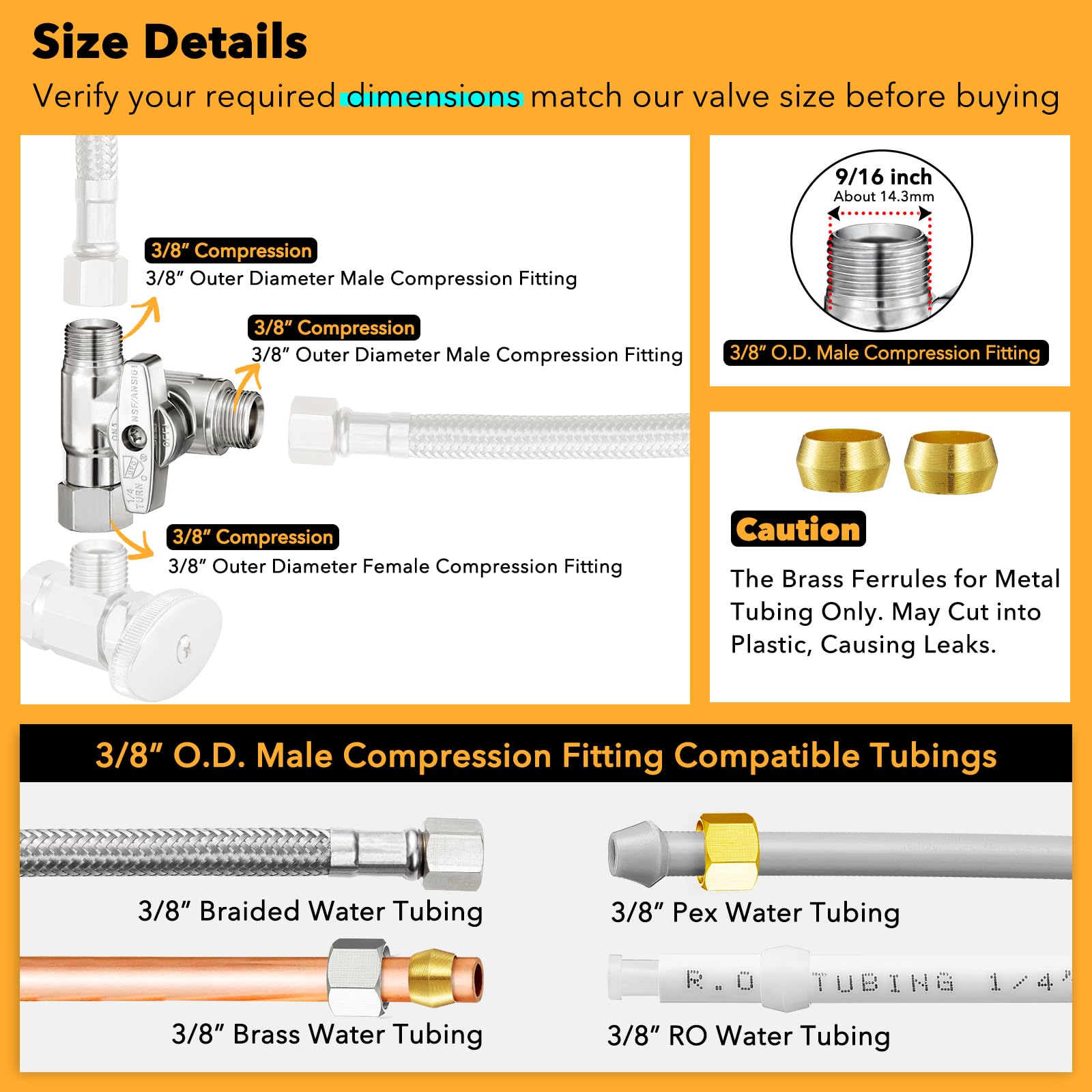 3/8" Brass Compression Angle Stop Valve, Water Line Splitter Connector Tee for Dishwasher, Commercial Sink Faucet, and Water Supply Line