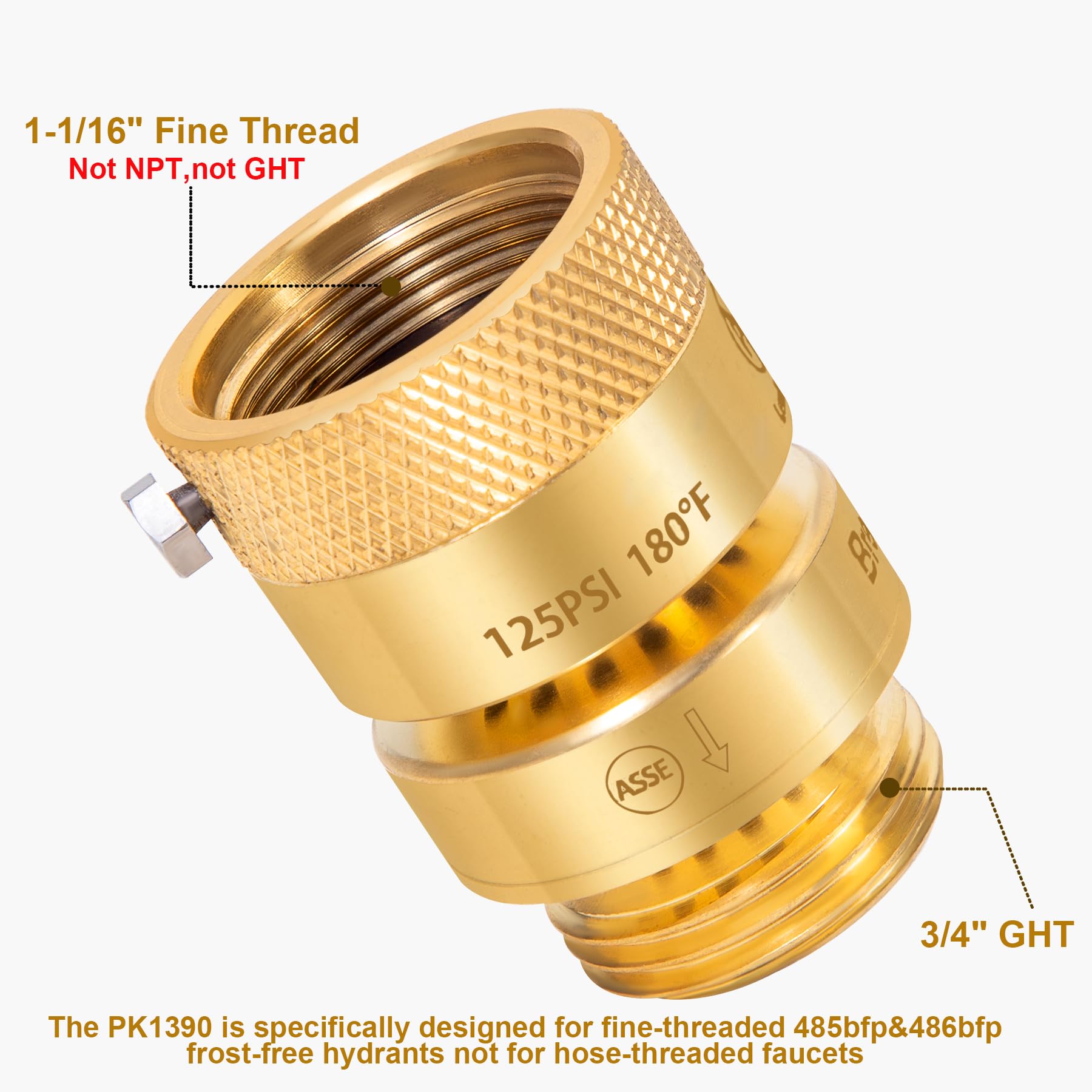 PK1390 Replacement Self Draining Vacuum Breaker,1-1/16" Fine Thread Female to 3/4" GHT Thread Male Hose Bib Backflow Preventer Lead-Free Brass