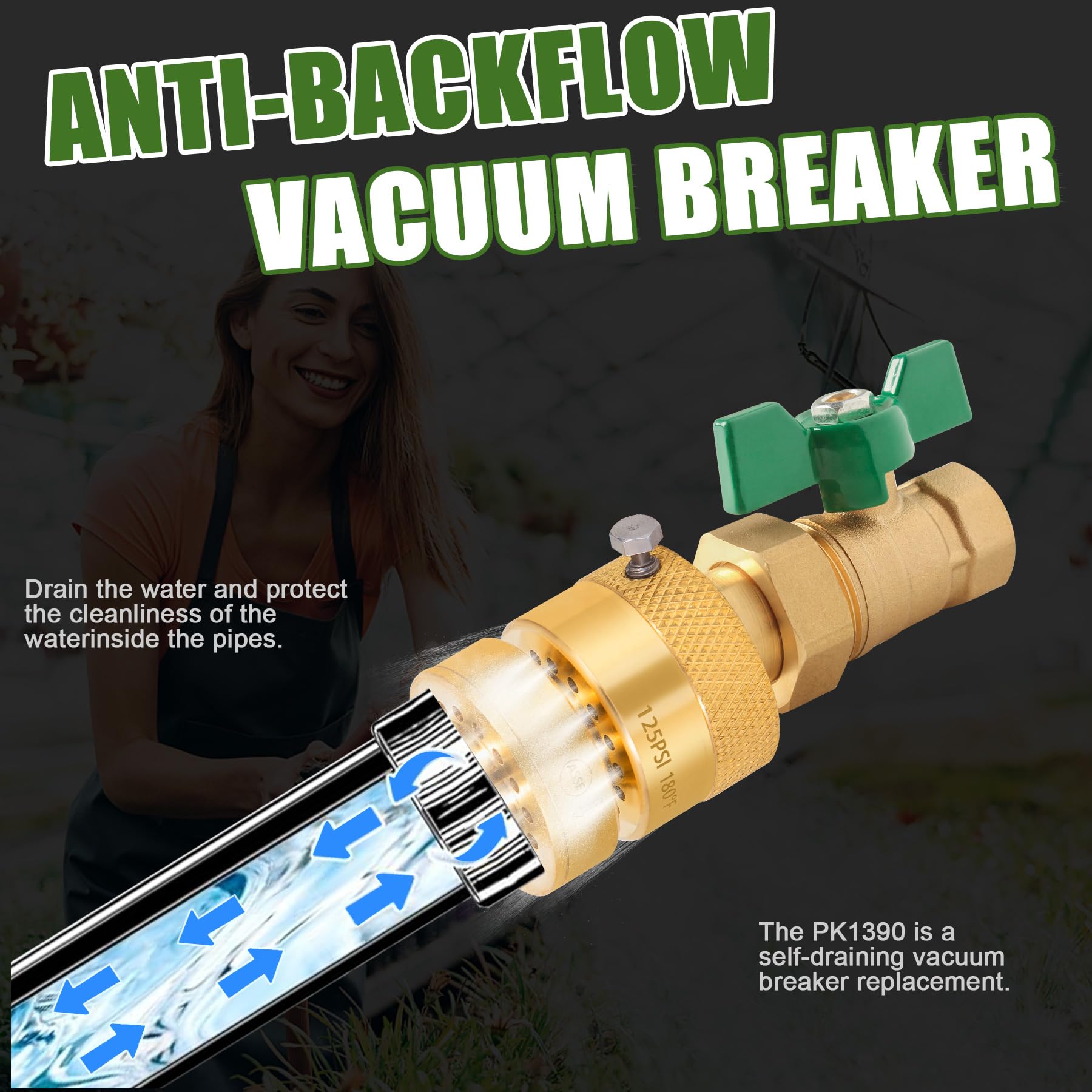 PK1390 Replacement Self Draining Vacuum Breaker,1-1/16" Fine Thread Female to 3/4" GHT Thread Male Hose Bib Backflow Preventer Lead-Free Brass